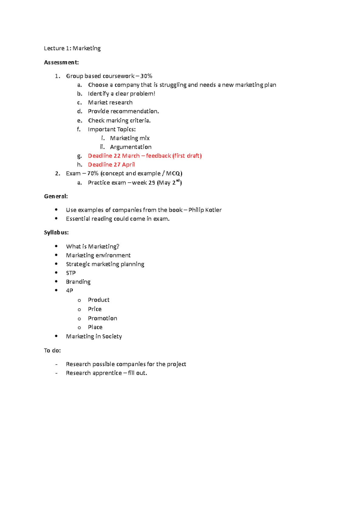 Lecture 1 - marketing - Lecture 1: Marketing Assessment: 1. Group based ...