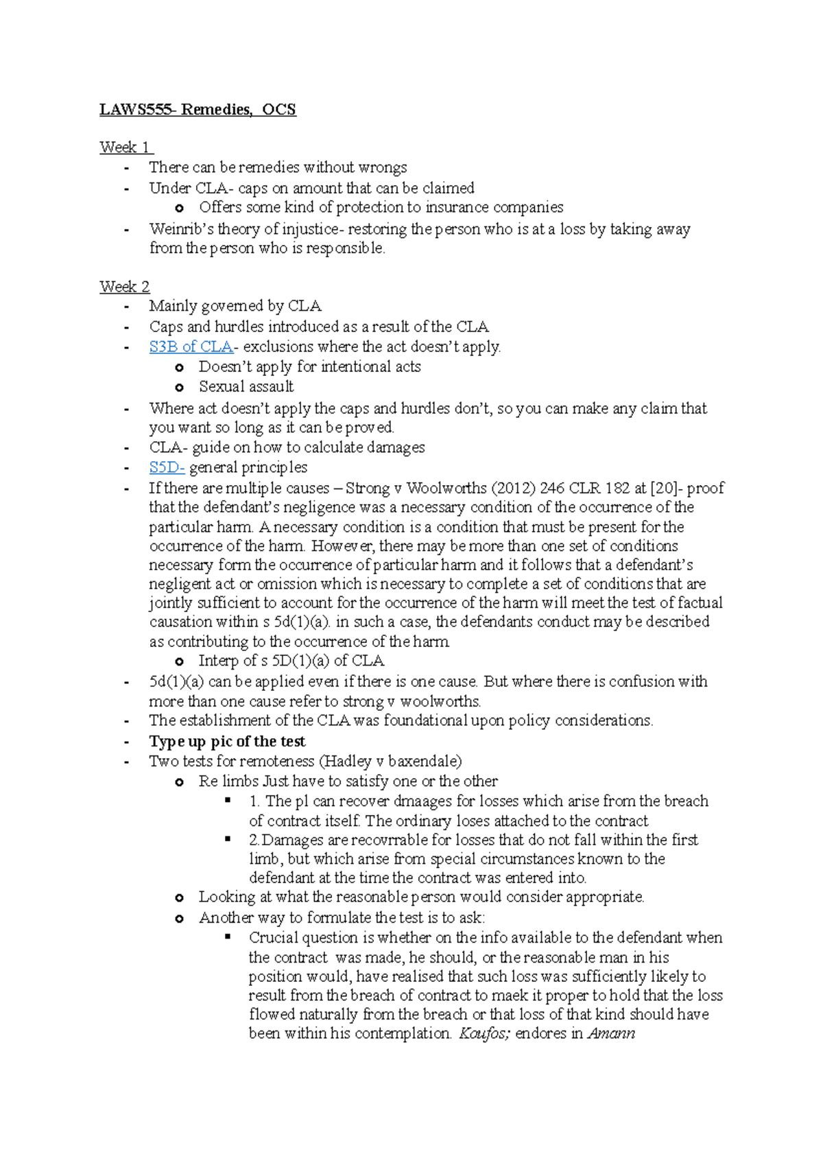 LAWS555 OCS day 1 - On campus session notes - LAWS555- Remedies, OCS ...