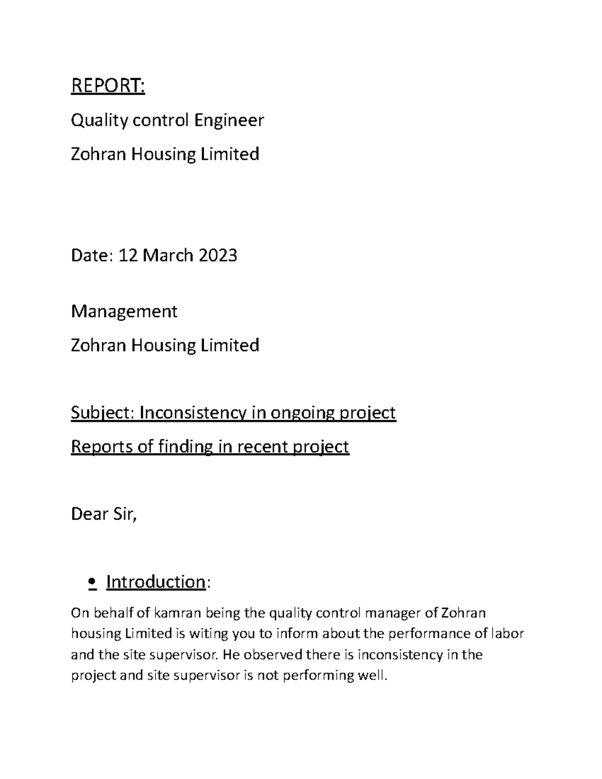 Report Construction SITE - REPORT: Quality control Engineer Zohran ...