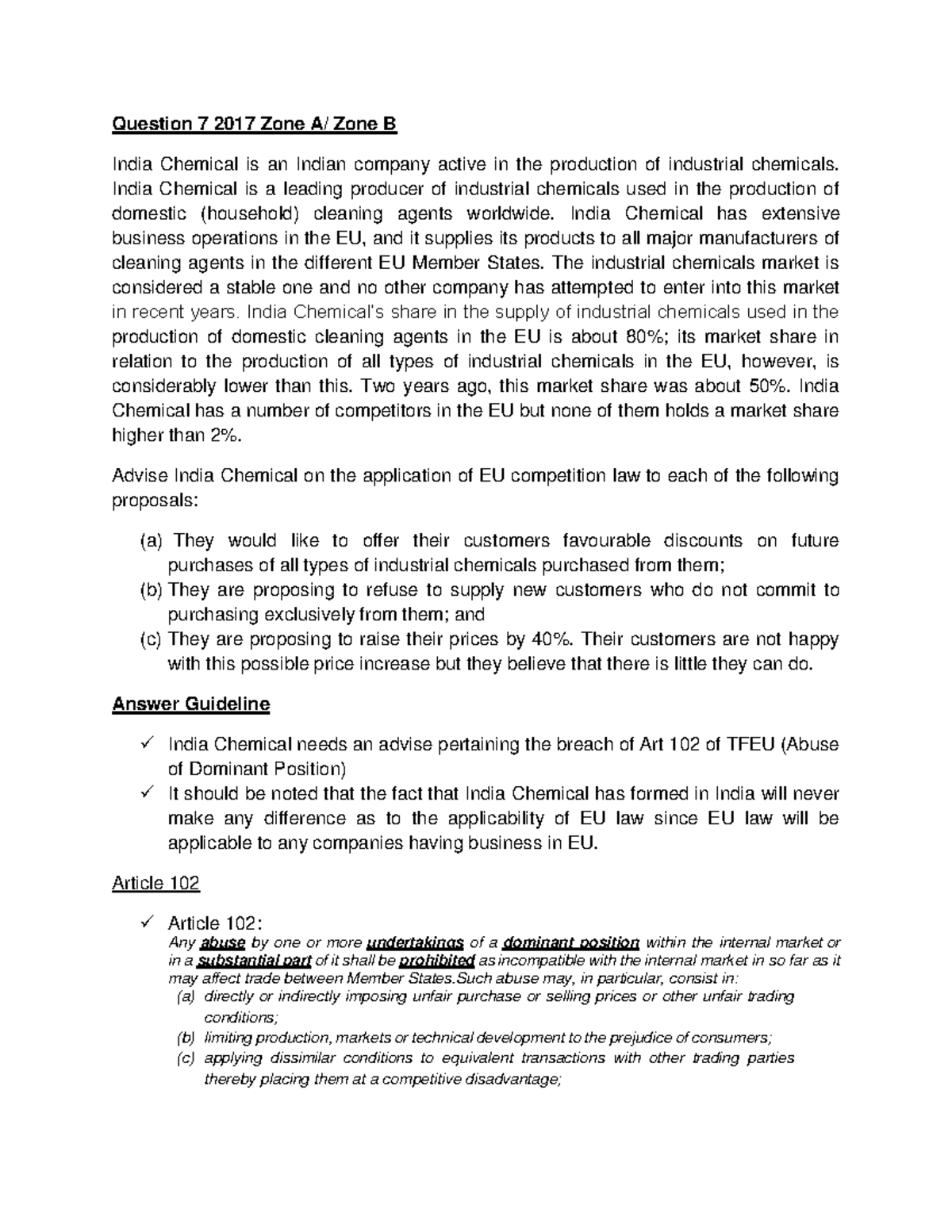 2017 Competition Law problem solving question ouline - Question 7 2017 ...