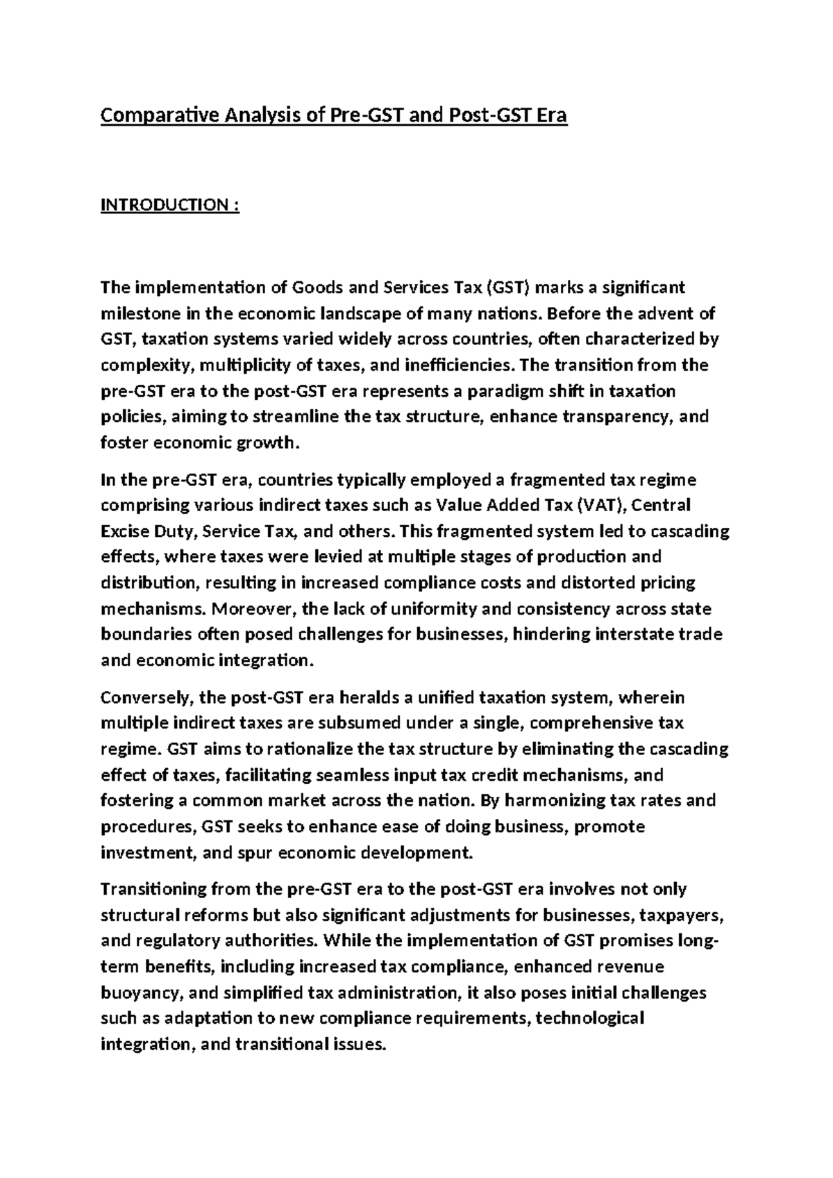Comparative Analysis of Pre and Post GST - Comparative Analysis of Pre ...