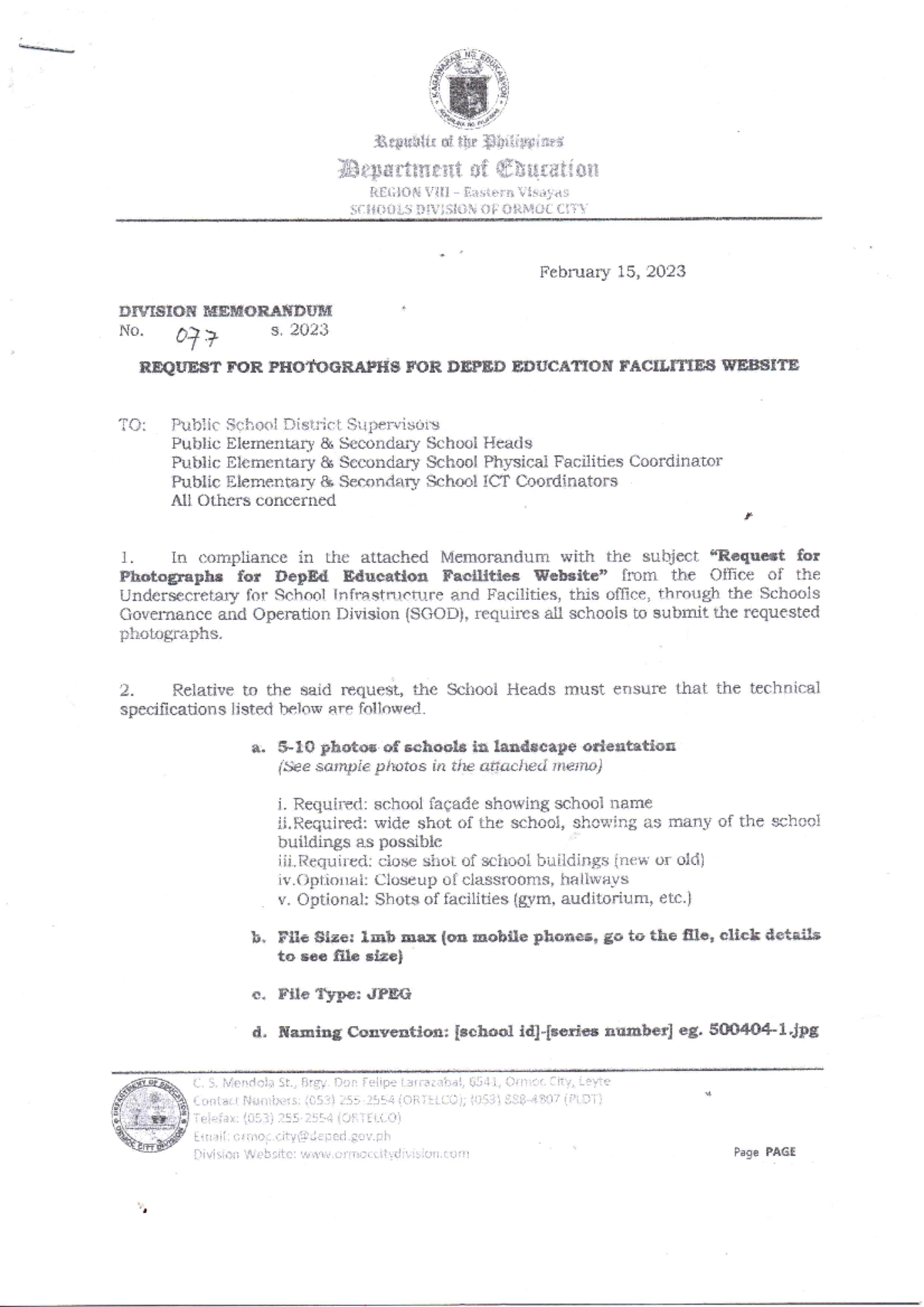 Division Memorandum No077 - Ormoc Services - Batchelor of Science in ...