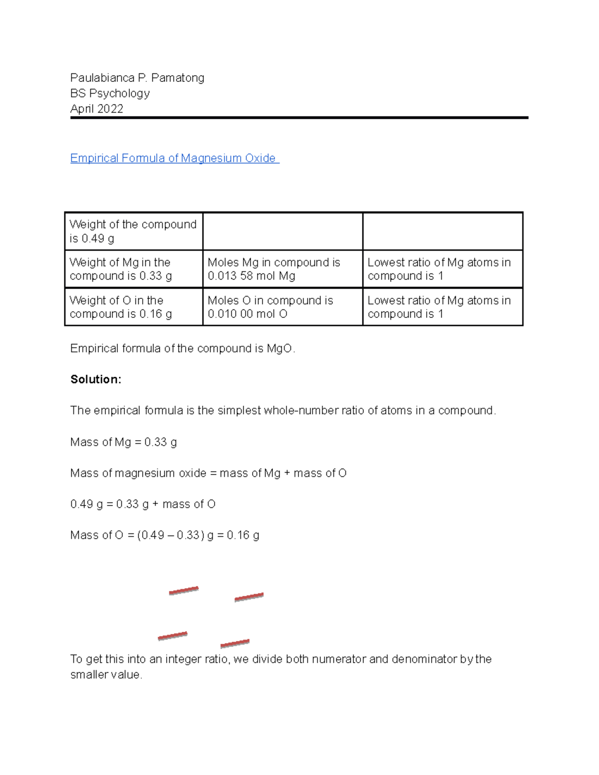 Empirical Formula of Magnesium Oxide - Paulabianca P. Pamatong BS ...