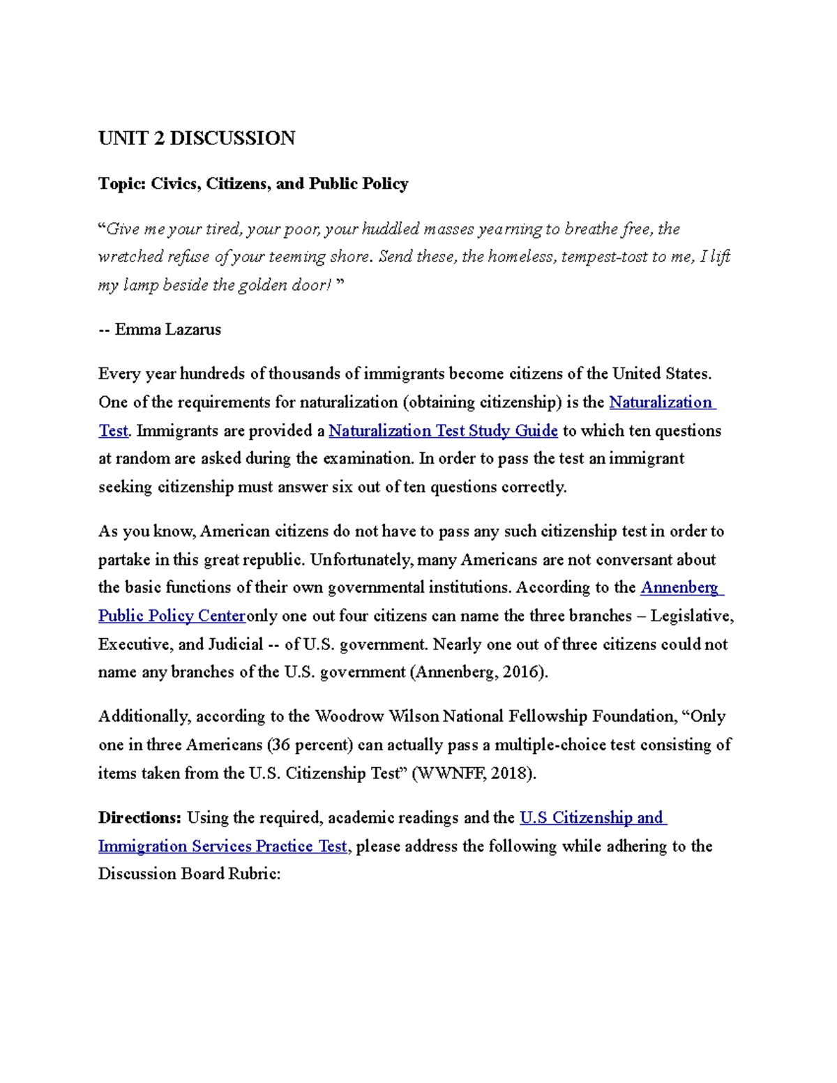 SS238 UNIT 2 Discussion - UNIT 2 DISCUSSION Topic: Civics, Citizens ...