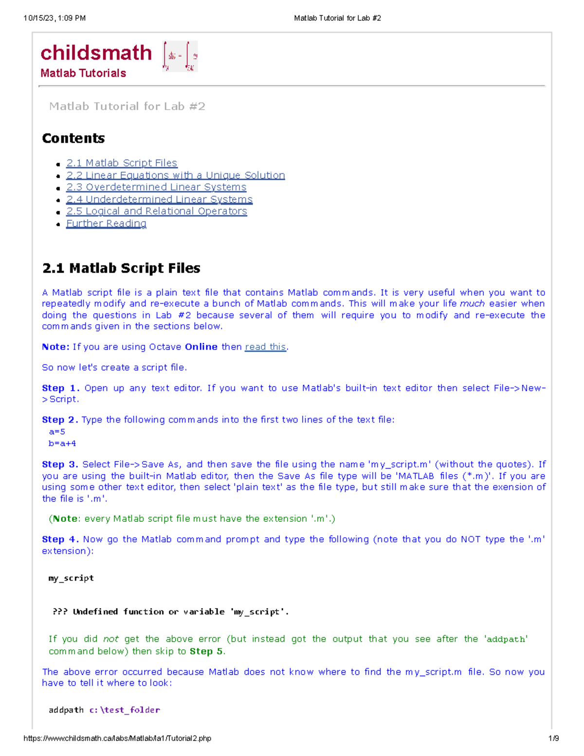 Matlab Tutorial for Lab #2 - childsmath Matlab Tutorials Matlab Tutorial for Lab Contents 2 ...