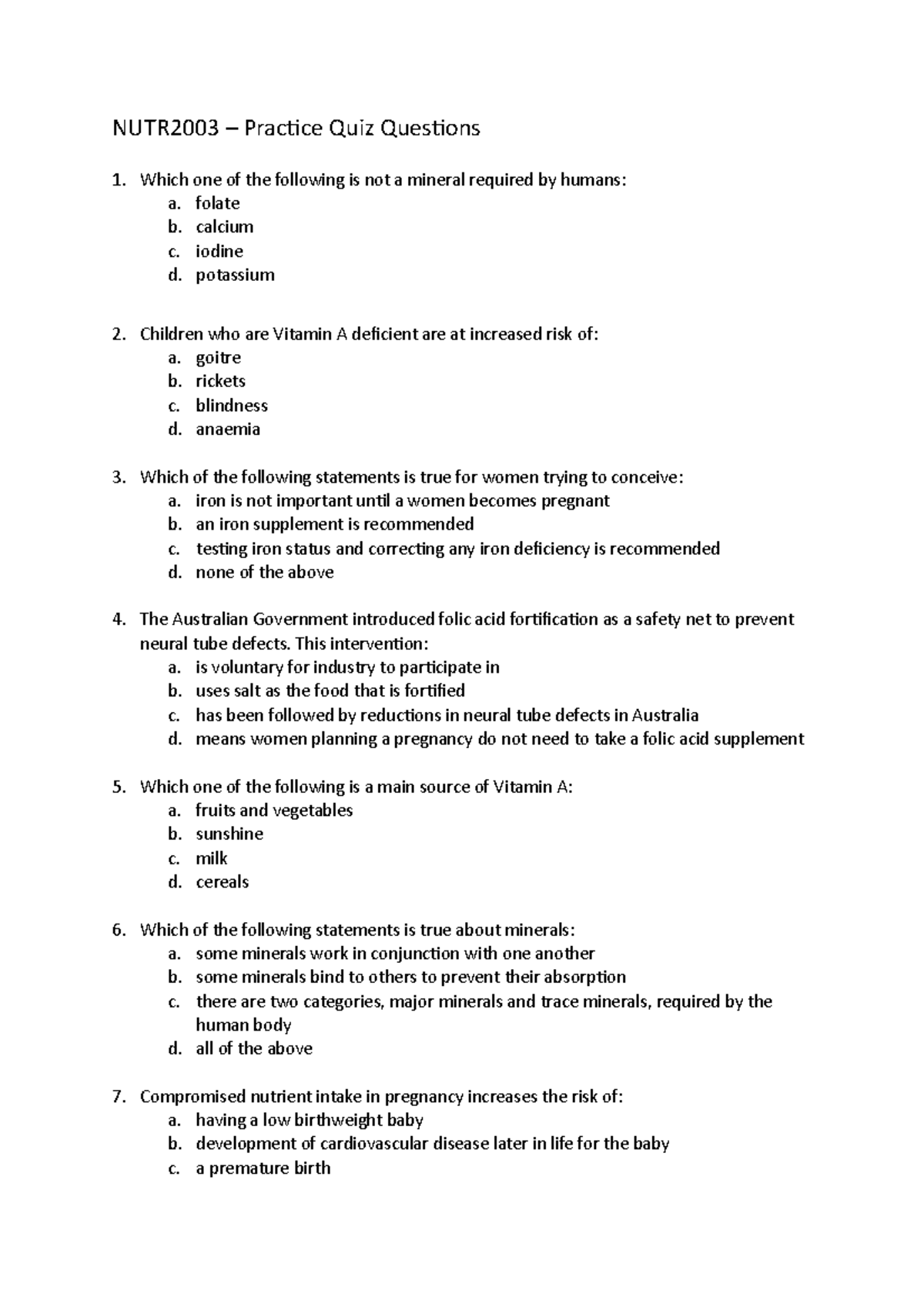 Practice quiz questions uploaded to blackboard - NUTR2003 – Practice ...