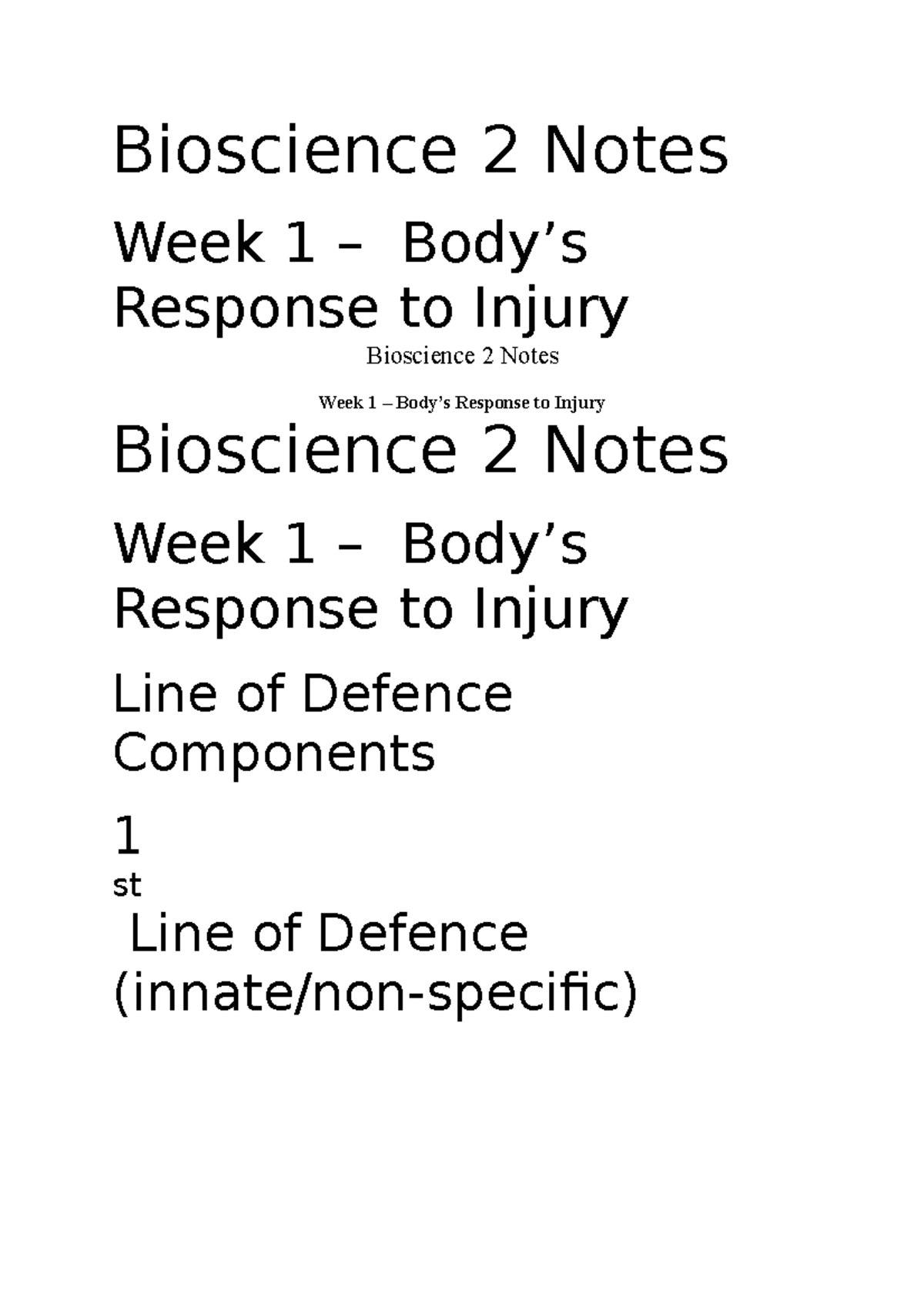 Bio2 Study Notes - Bioscience 2 Notes Week 1 – Body’s Response to ...