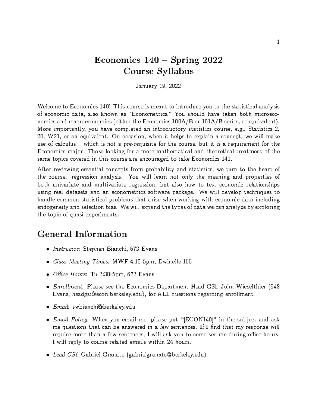 Econ140 Spring 22 Syllabus - Economics 140 – Spring 2022 Course ...