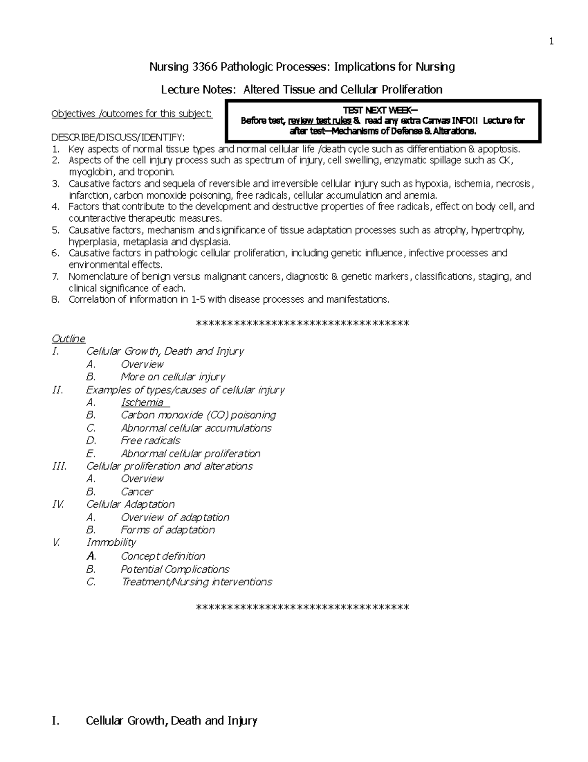 Lecture notes Altered Tissue - Nursing 3366 Pathologic Processes ...