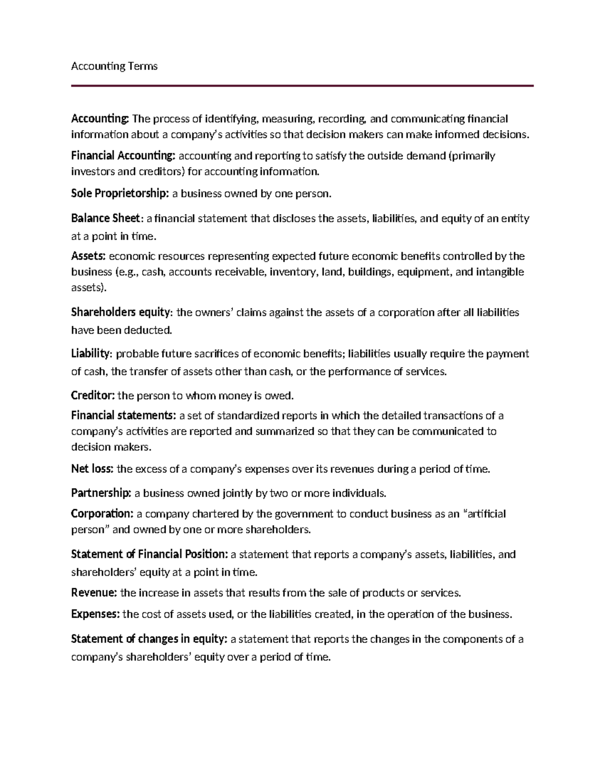 Accounting Terms - Definitions - Accounting Terms Accounting: The ...