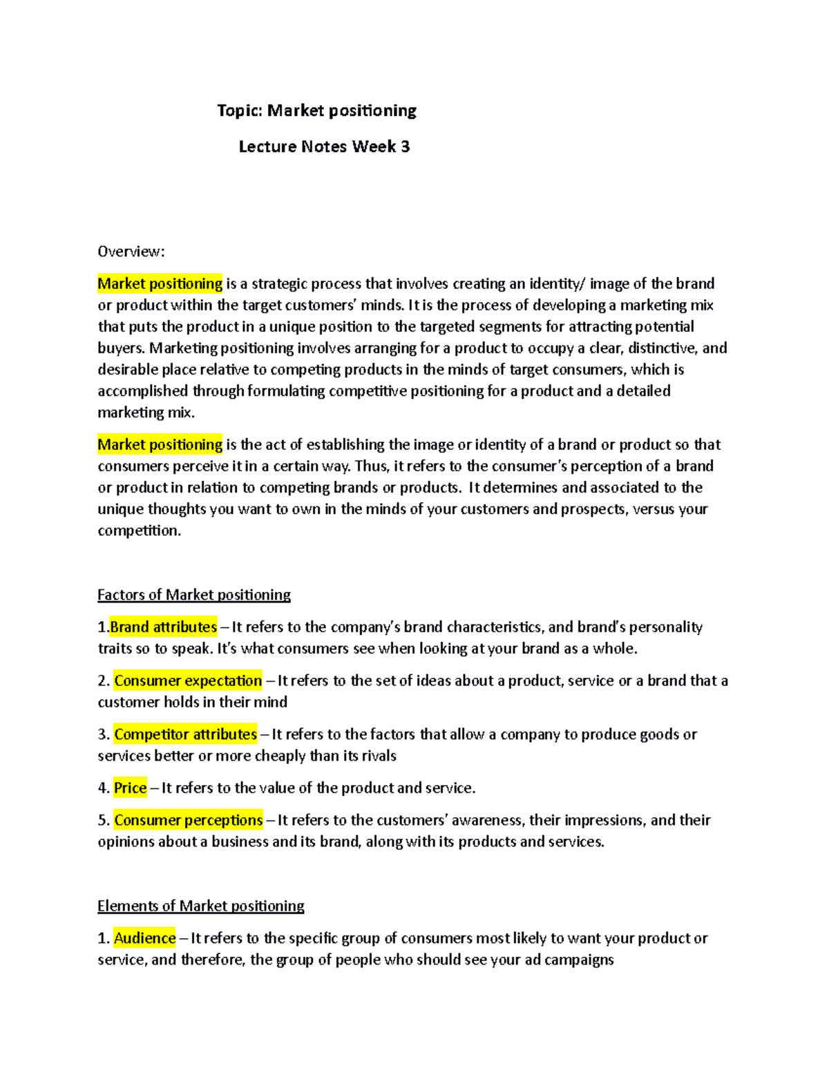 Market positioning - Topic: Market positioning Lecture Notes Week 3 ...