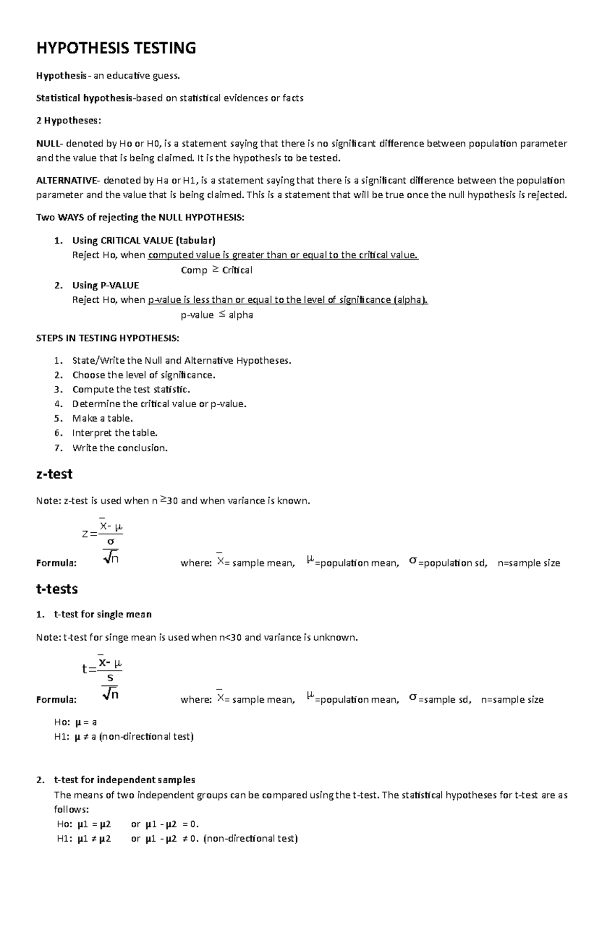 Handouts-stat hypo testing - HYPOTHESIS TESTING Hypothesis- an ...