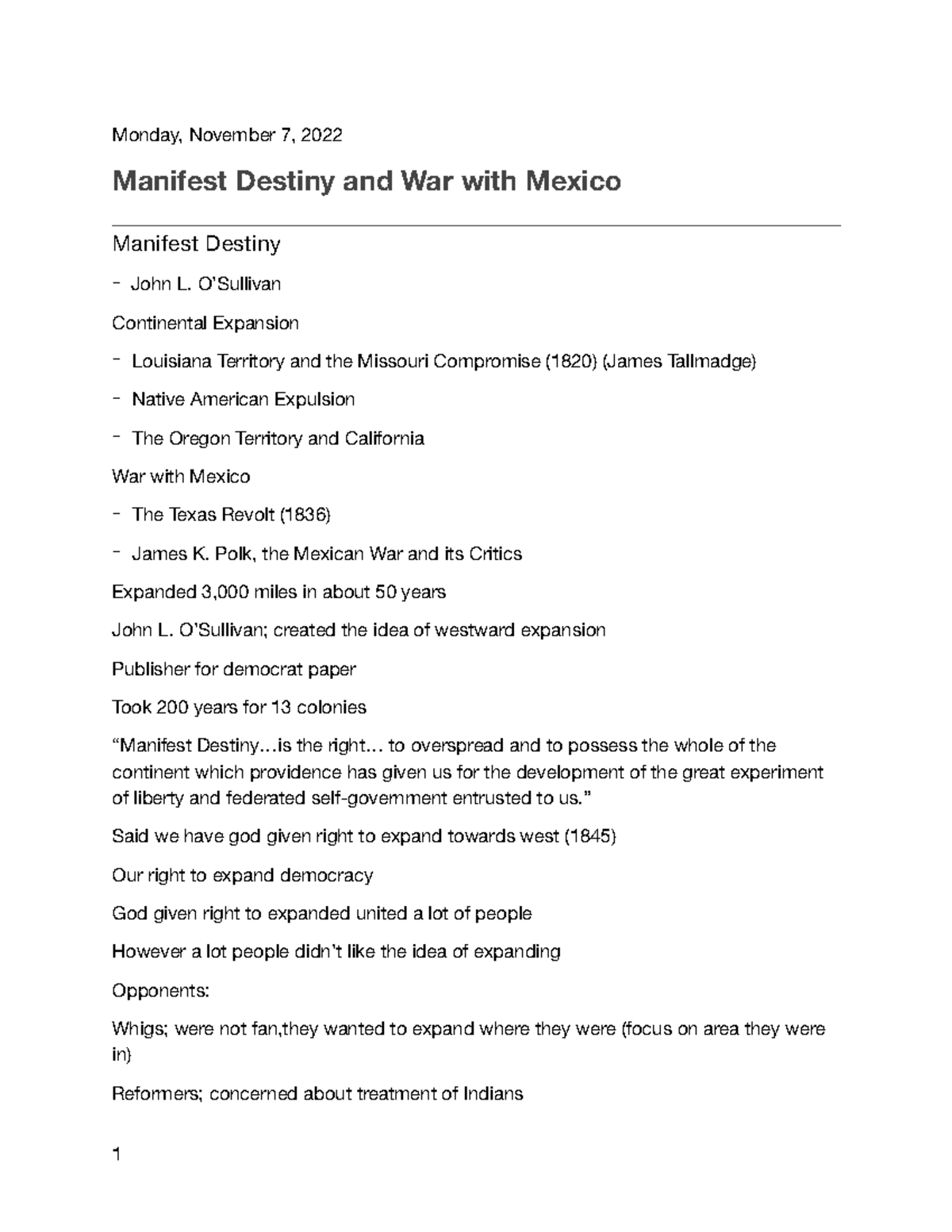 Manifest Destiny and War with Mexico - Monday, November 7, 2022 ...