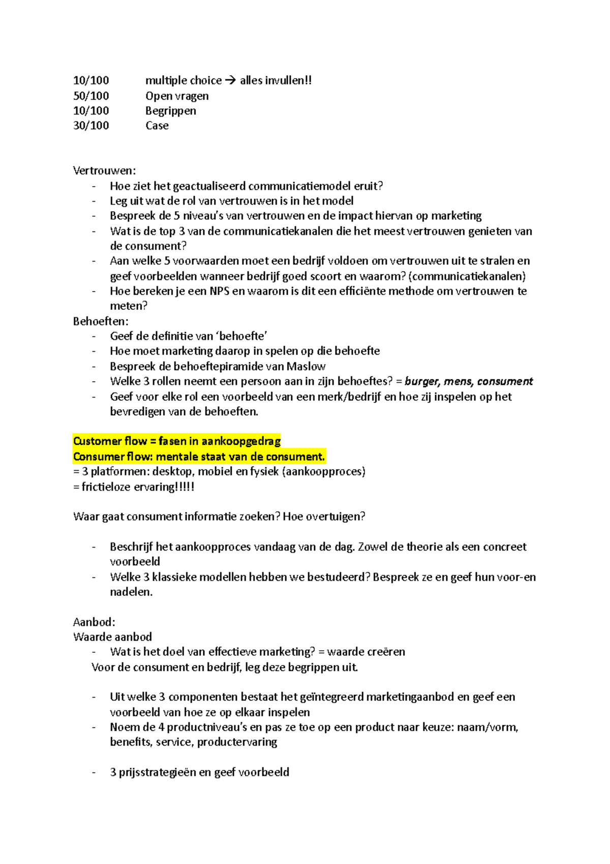 Examenvragen-Flow-marketing - 10/100 multiple choice alles invullen!! 50/100 Open vragen 10/100 ...