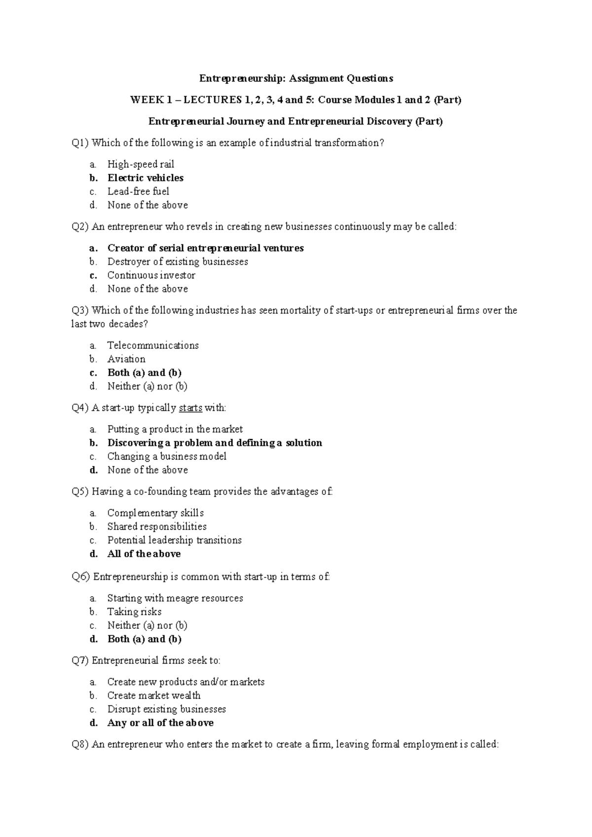 CBR-ENT-2023-A1 - A10(R) - Entrepreneurship: Assignment Questions WEEK ...