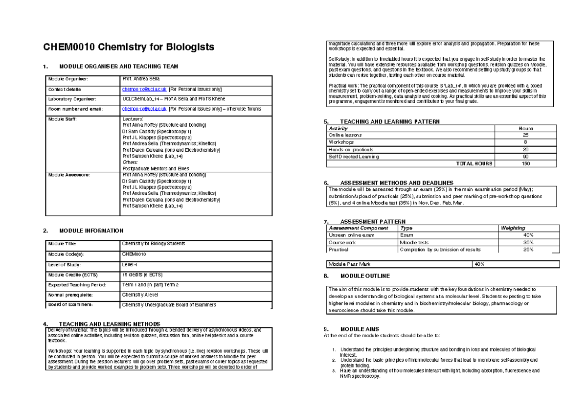 0010 Year 1 Chemistry For Biology Students 2023 24 CHEM0010 Chemistry 0010-year-1-chemistry-for-biology-students-2023-24-chem0010-chemistry