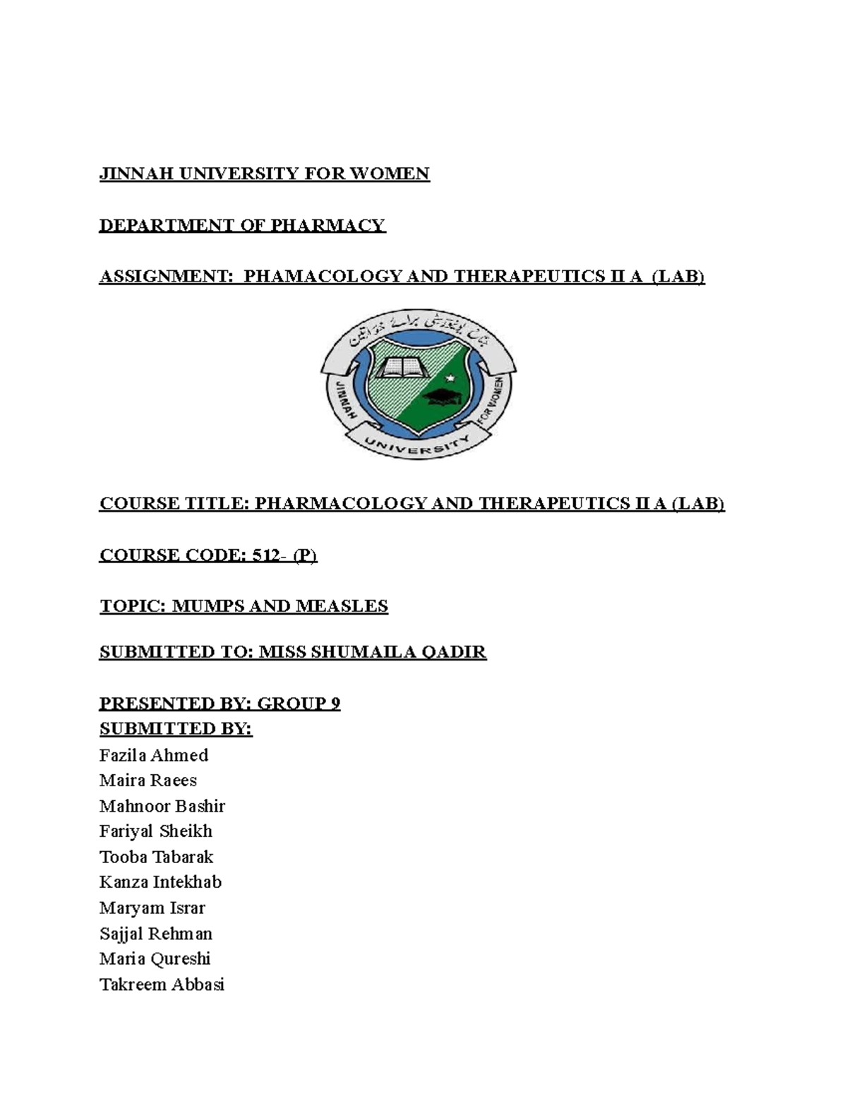 Group 9 - pharmacology - JINNAH UNIVERSITY FOR WOMEN DEPARTMENT OF ...