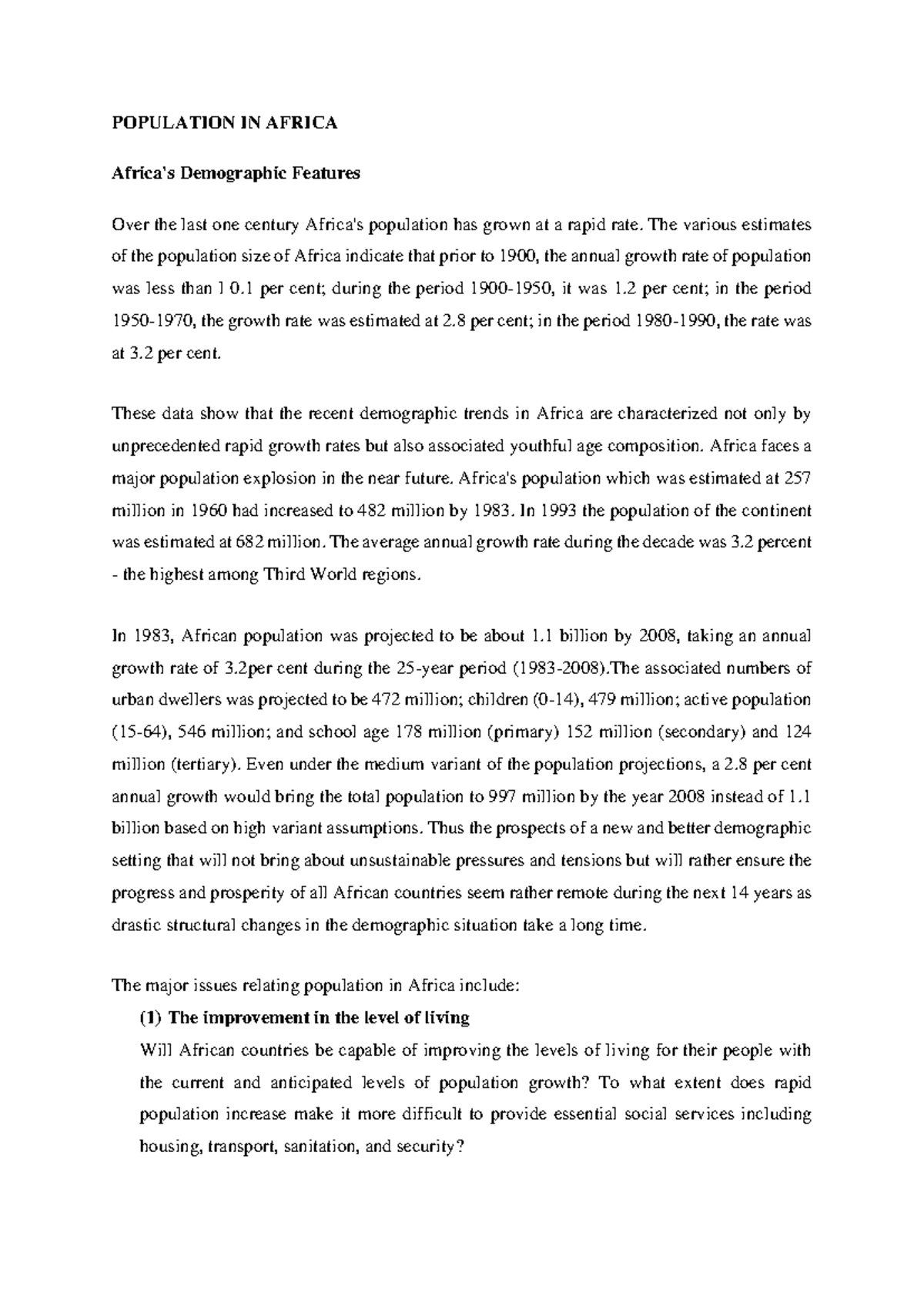 Population IN Africa - Lecture notes - POPULATION IN AFRICA Africa's ...
