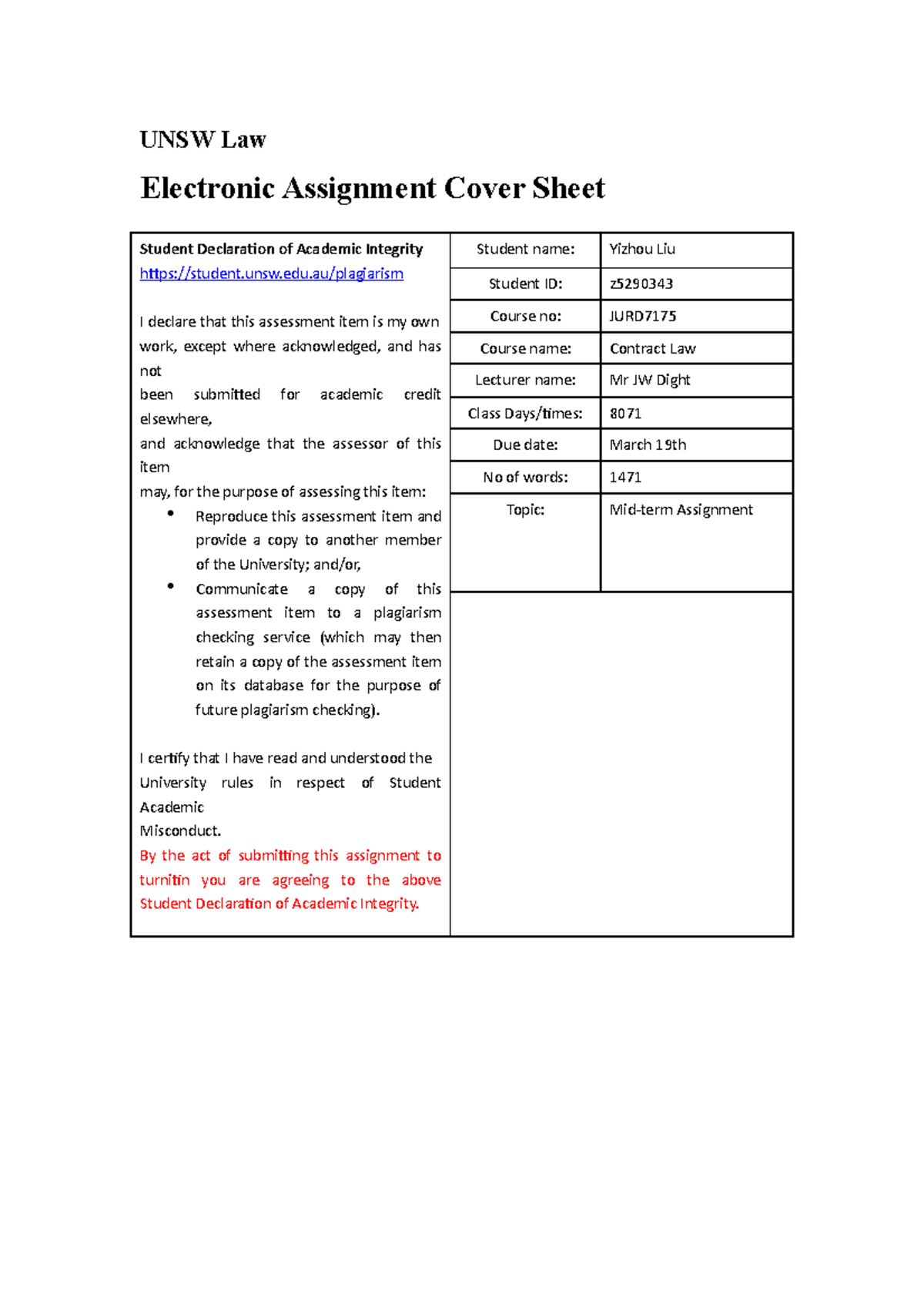 JURD7175 MID - mid session - UNSW Law Electronic Assignment Cover Sheet ...