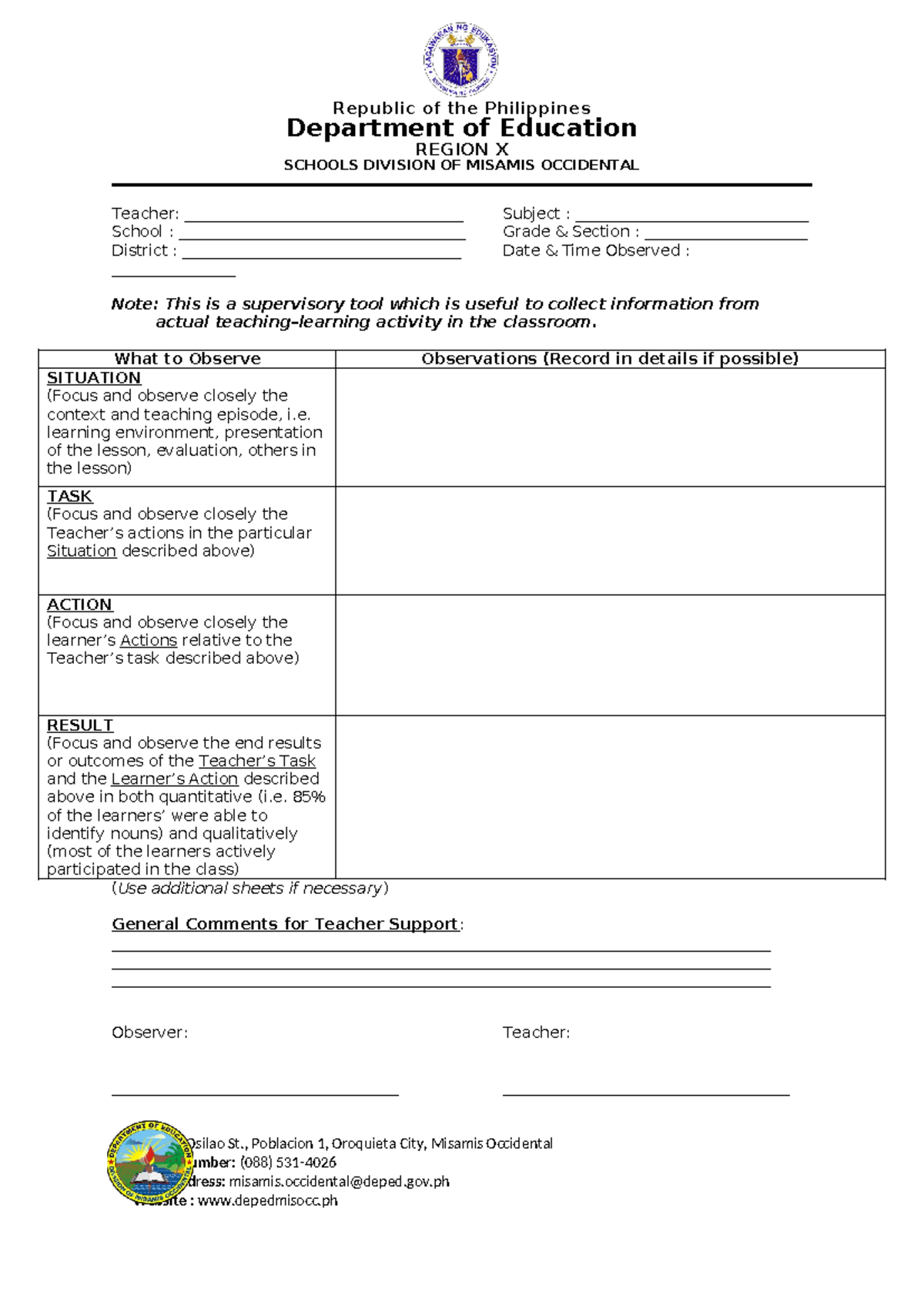 STAR Observation FORM SHTeachers 1 - Republic of the Philippines ...