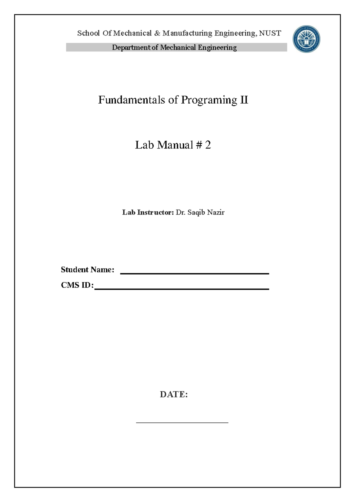Lab Manual 2 - Fundamentals of Programming - School Of Mechanical ...