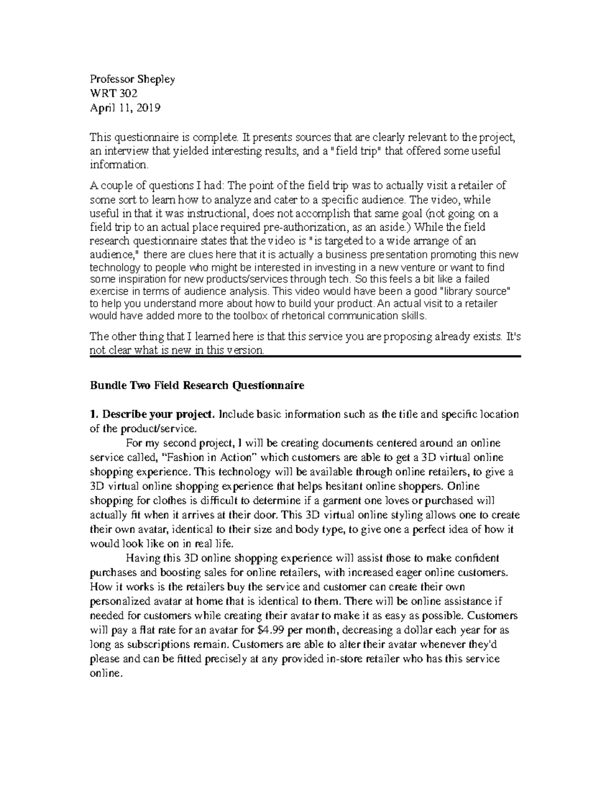 Bundle Two Field Research Questionnaire - Professor Shepley WRT 302 ...