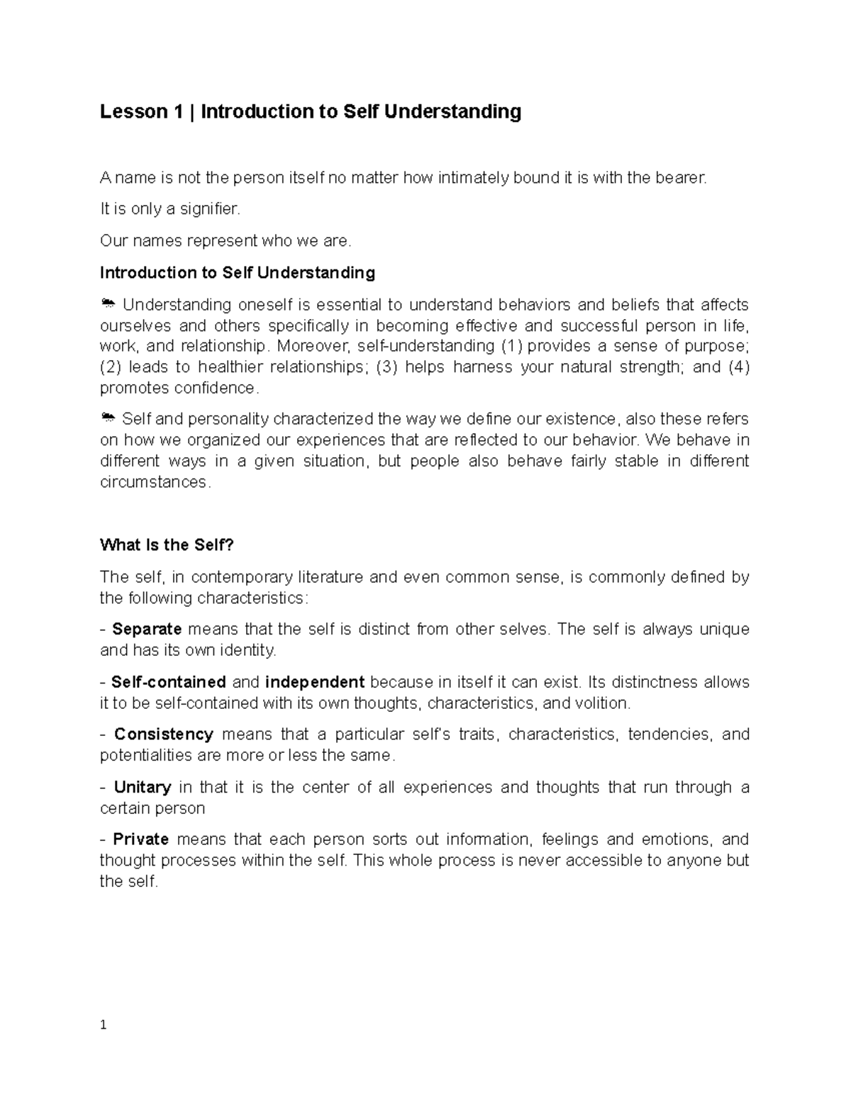 UTSLesson-1-3 - Notes in Understanding the self - Lesson 1 ...