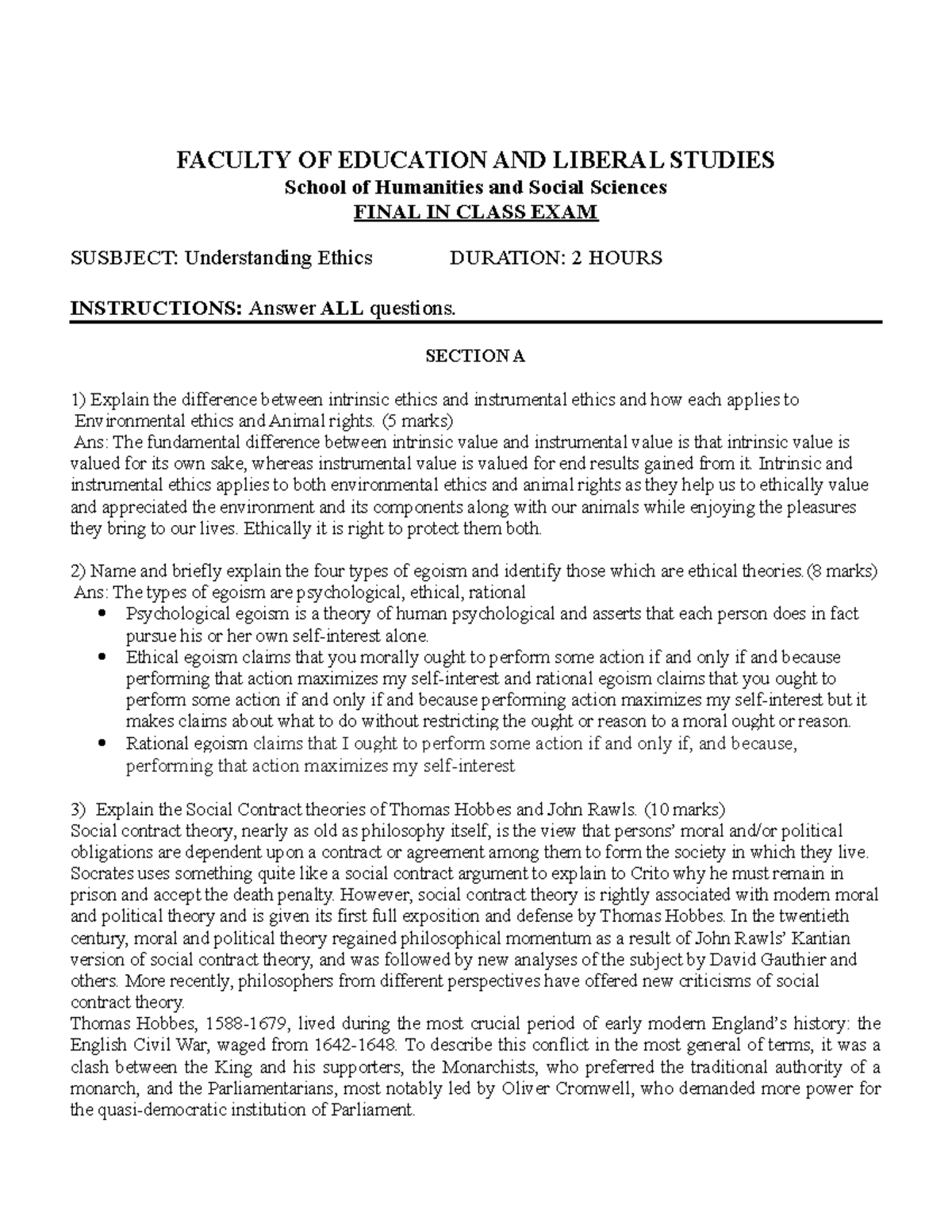 88 Final Ethics TEST A B C 44 - FACULTY OF EDUCATION AND LIBERAL ...