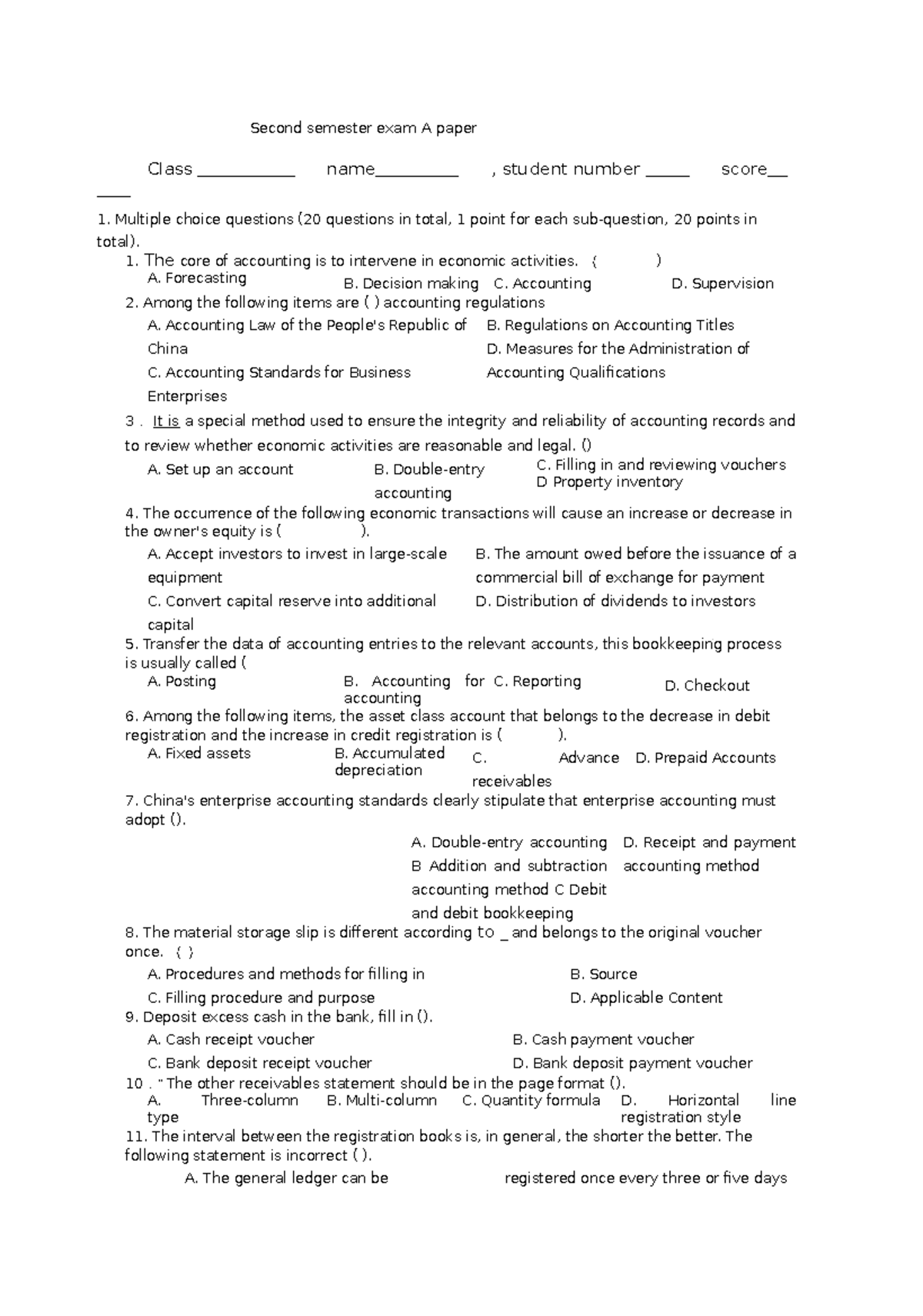 Second semester exam A paper - Multiple choice questions (20 questions ...
