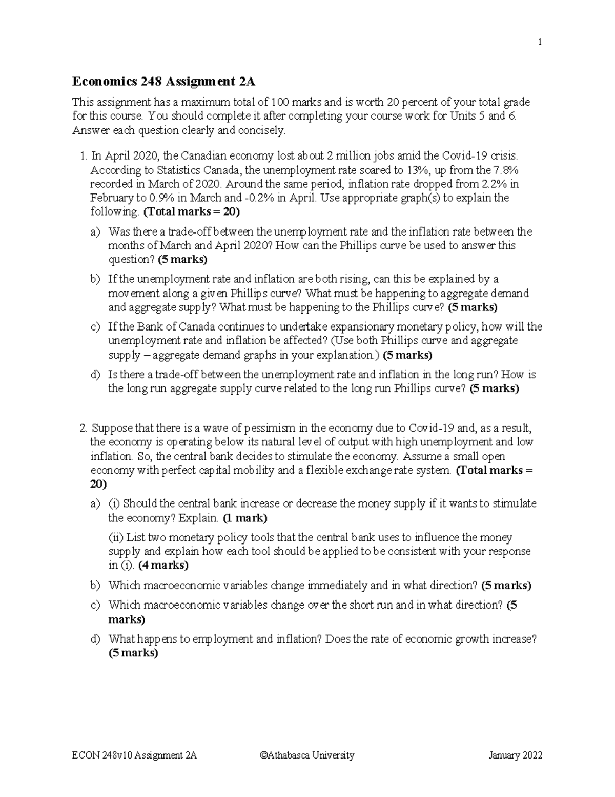 ECON248v10 Assignment 2A - 1 Economics 248 Assignment 2A This ...