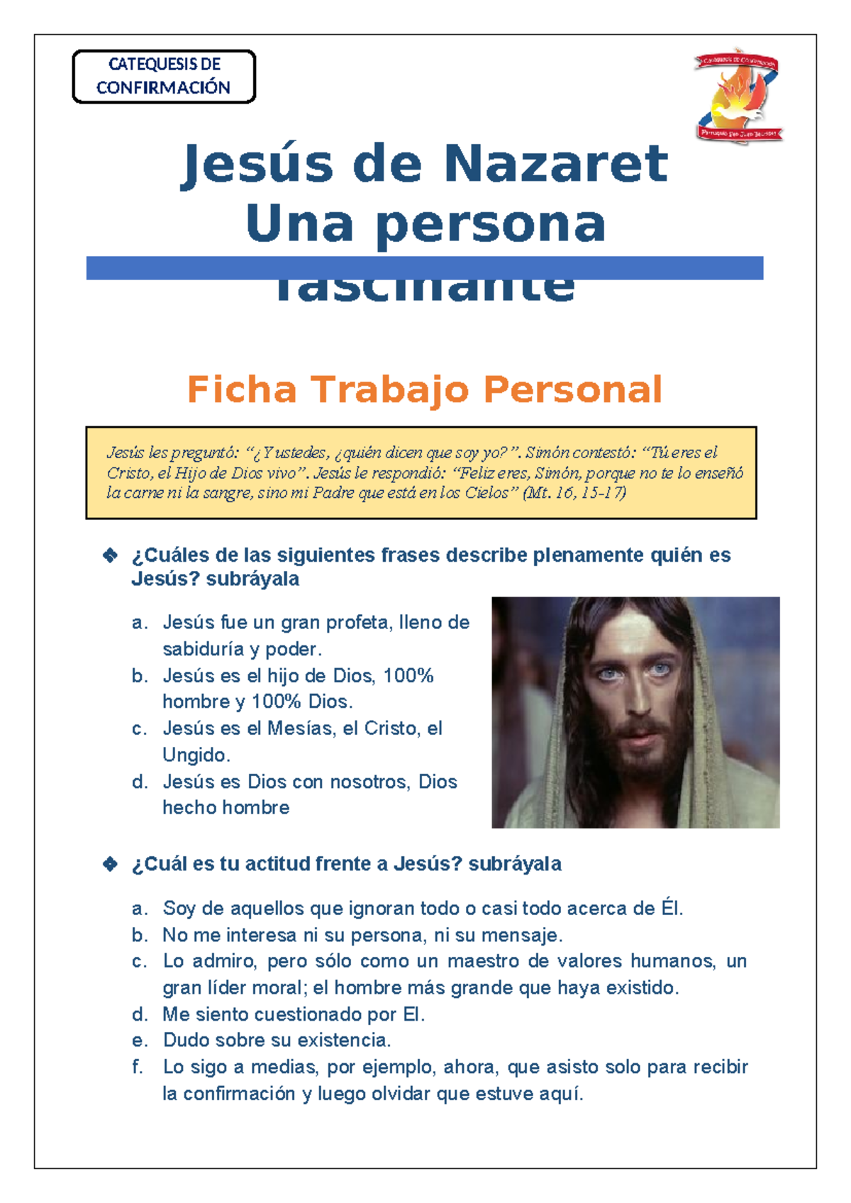 Ficha Trabajo Personal - Jesus Persona Fascinante - Jesús de Nazaret ...