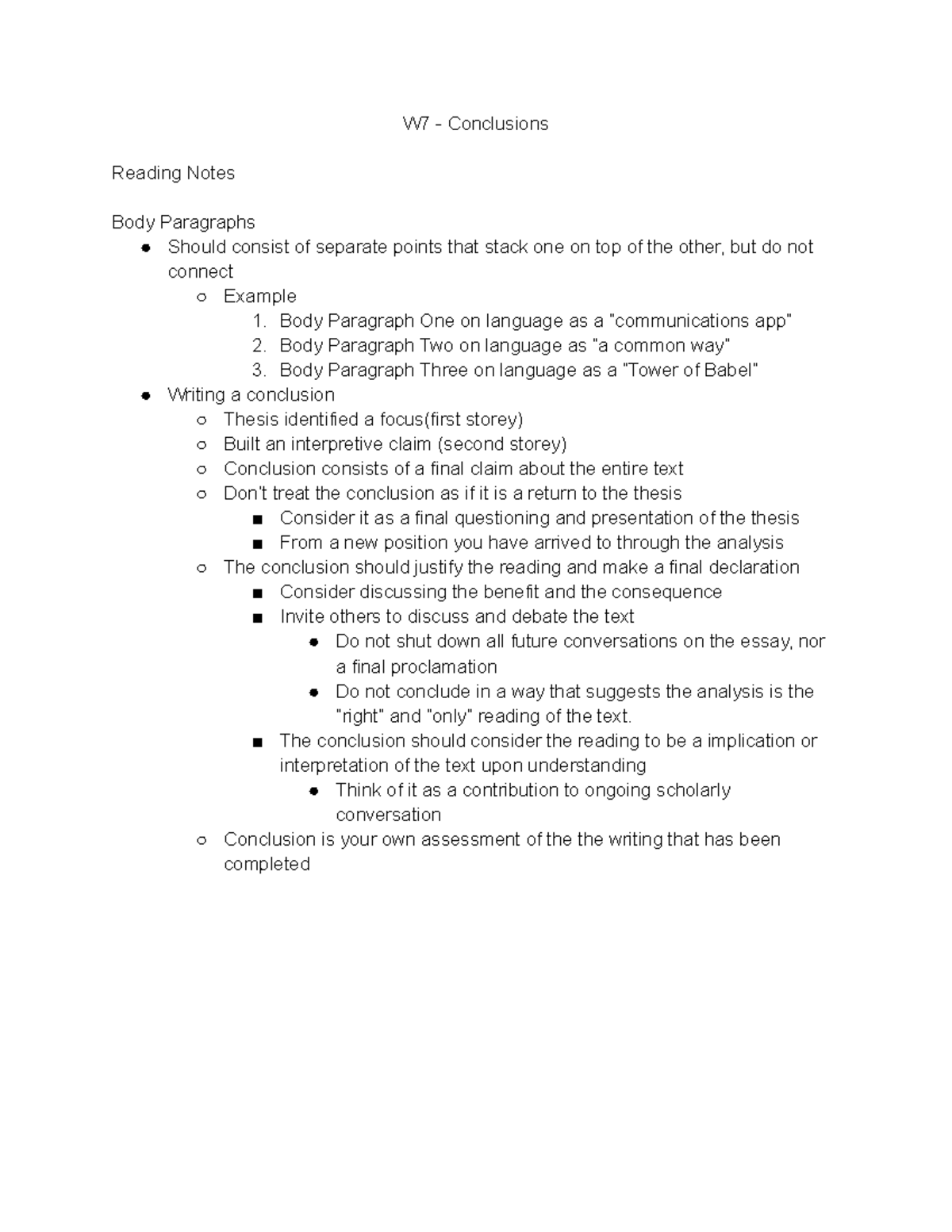 W7 - Conclusions - Lecture notes, discussion question, class work and ...