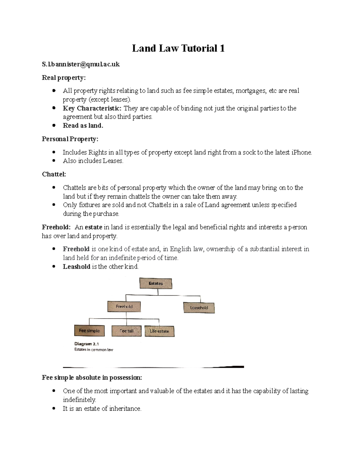 Land Law Tutorial 1 - l@qmul.ac Real property: All property rights ...