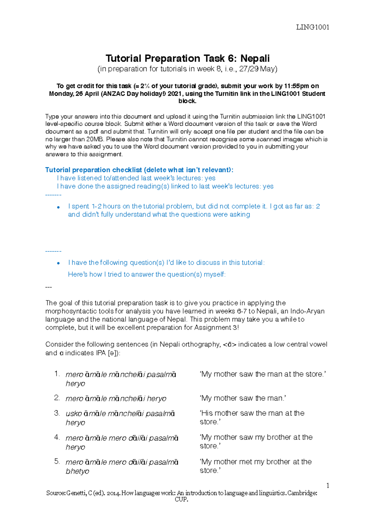 LING1001 2021week 8 tutorial prep task - Tutorial Preparation Task 6 ...
