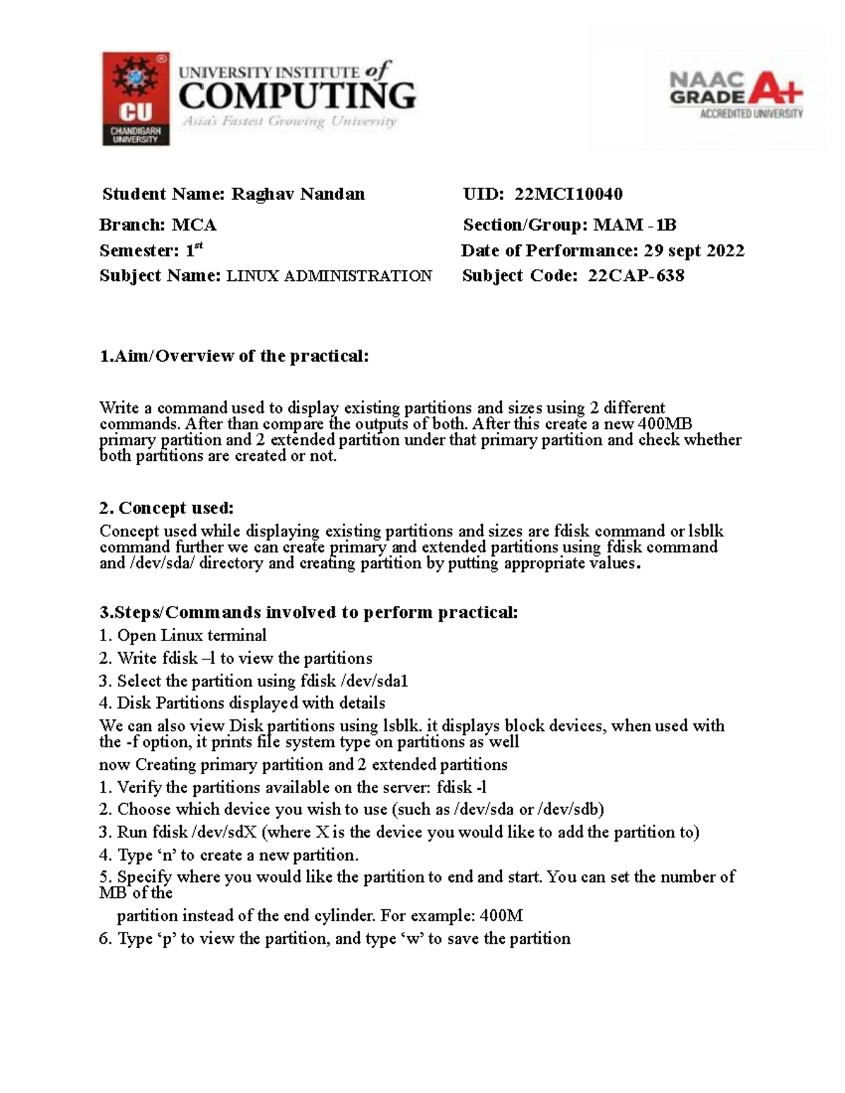 Linux 1 - worksheet - Student Name: Raghav Nandan UID: 22MCI Branch: MCA Section/Group: MAM -1B ...
