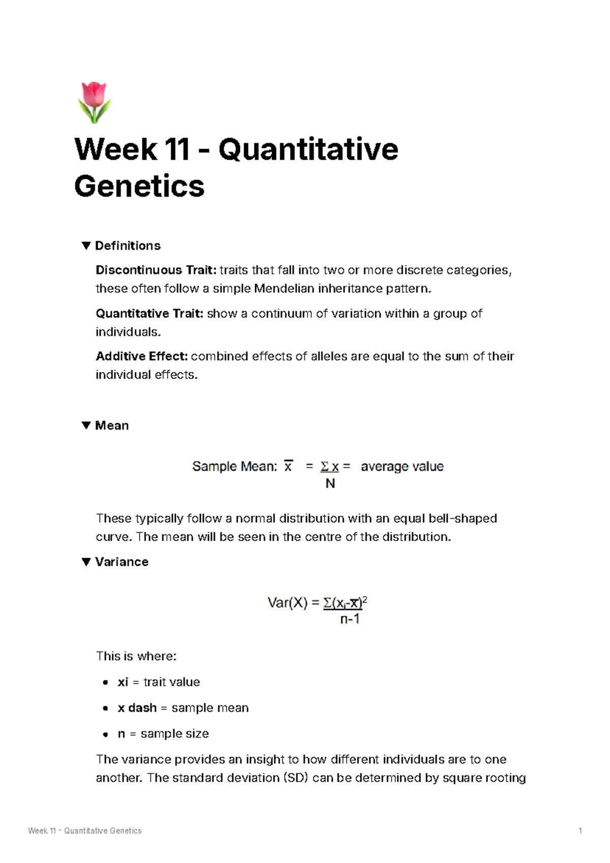 Week 11 - Quantitative - 🌷 Week 11 - Quantitative Genetics Definitions Discontinuous Trait ...