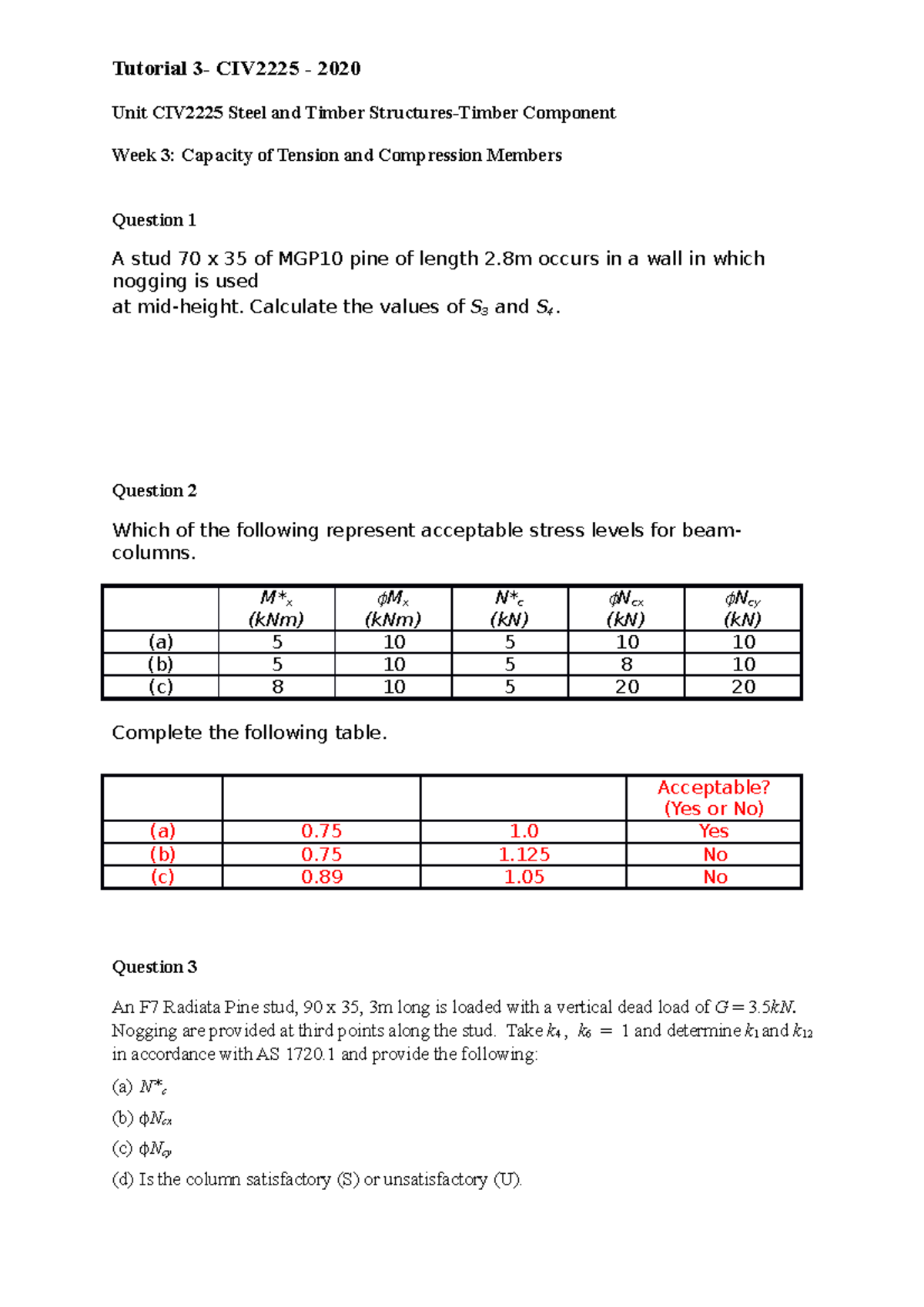 Monash University 2020 - Timber Structures Tutorial 3-Soln 2 - Tutorial ...