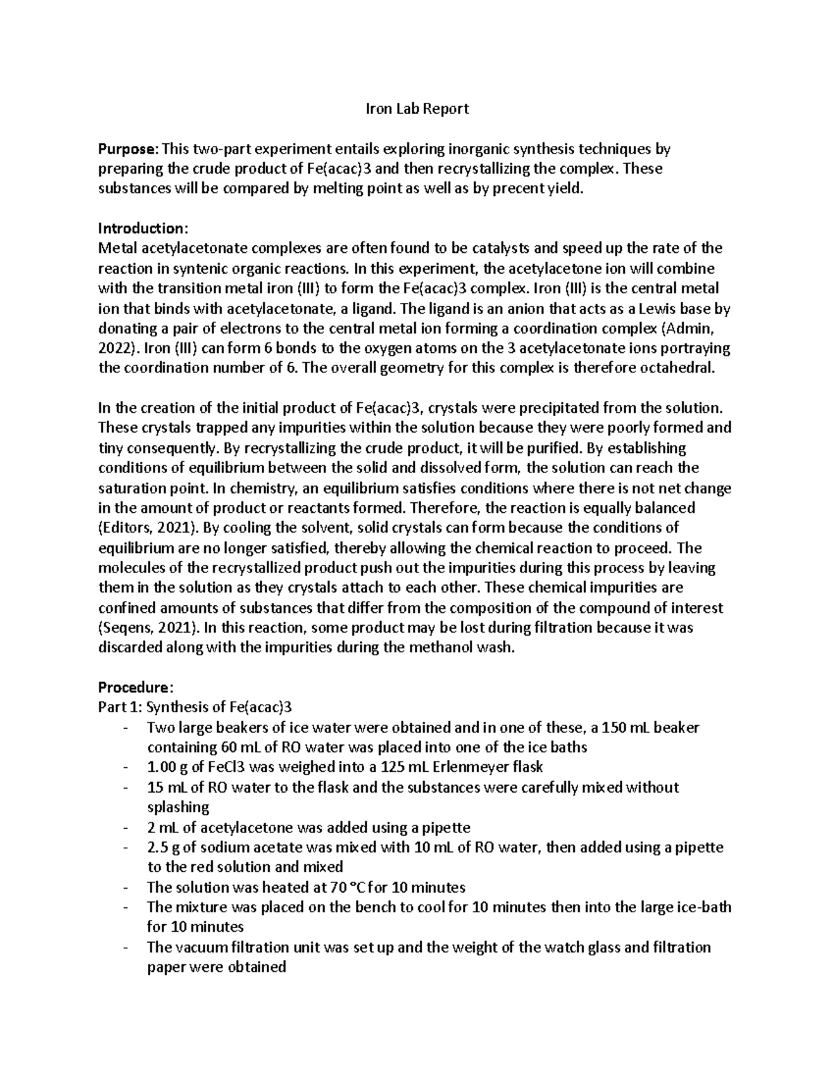 Iron Lab Report - Iron Lab Report Purpose: This two-part experiment ...