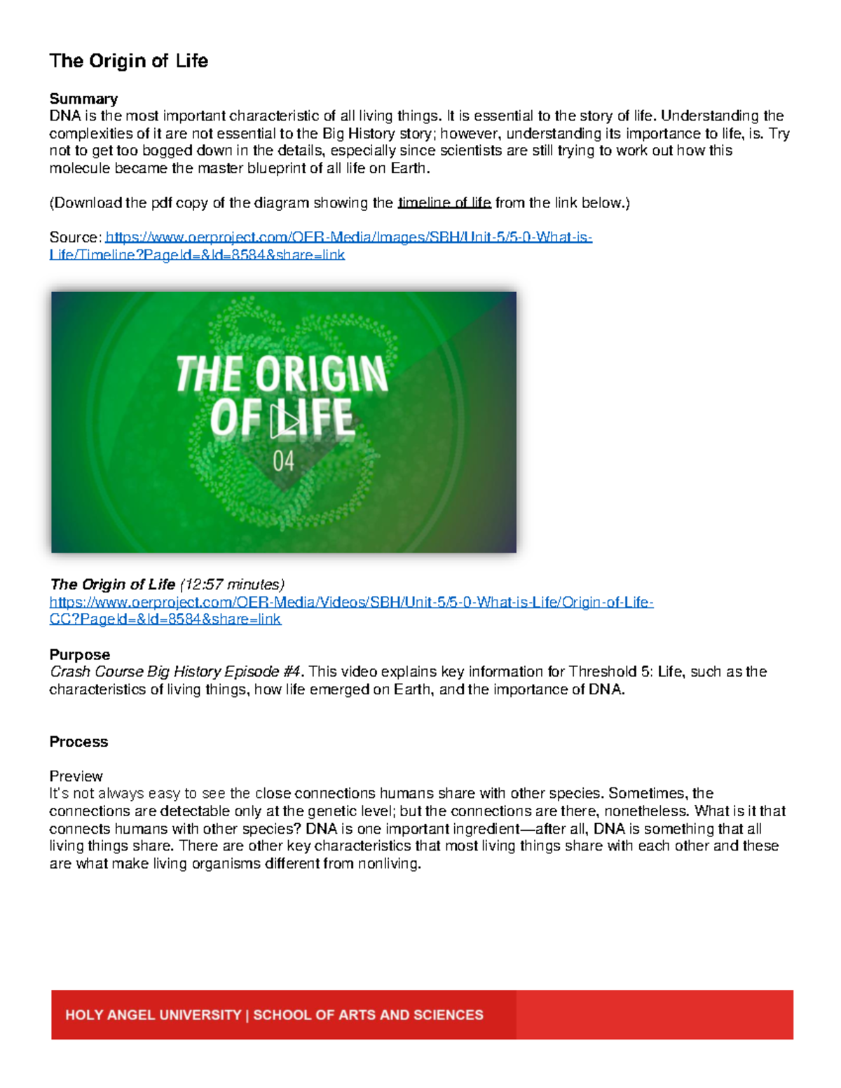 Lesson 9 The Origin of Life - The Origin of Life Summary DNA is the ...