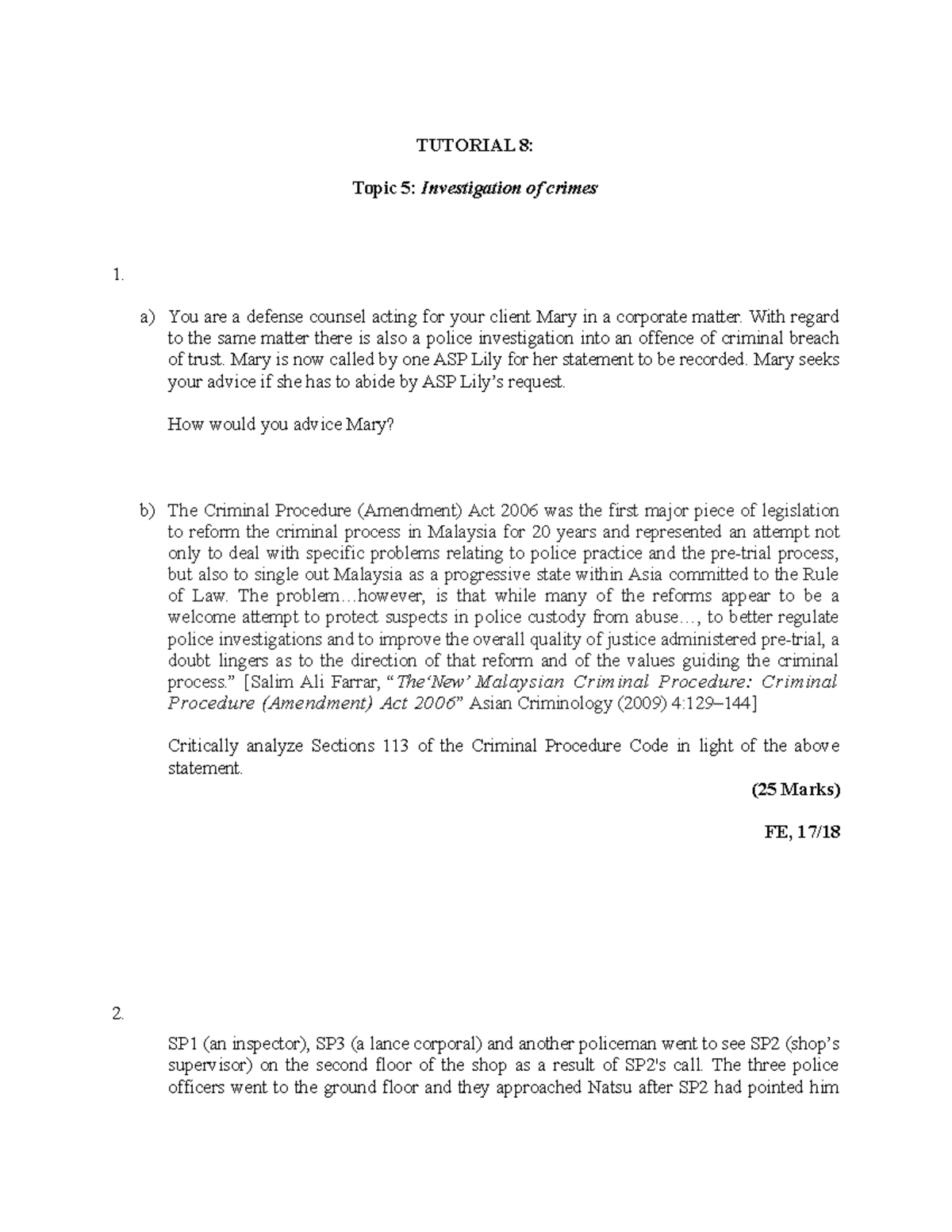 Tutorial Week 9 Q Questions - TUTORIAL 8: Topic 5: Investigation of ...