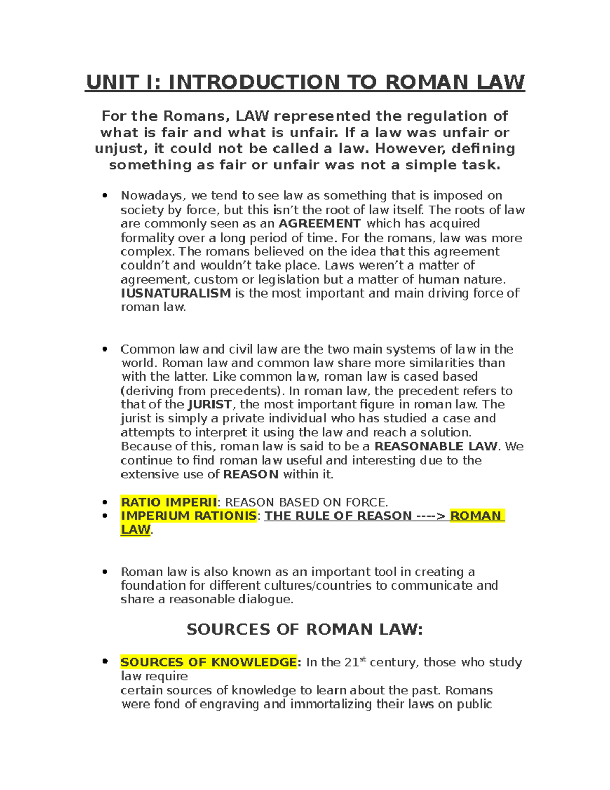Roman LAW Notes - Inglés - UNIT I: INTRODUCTION TO ROMAN LAW For the ...