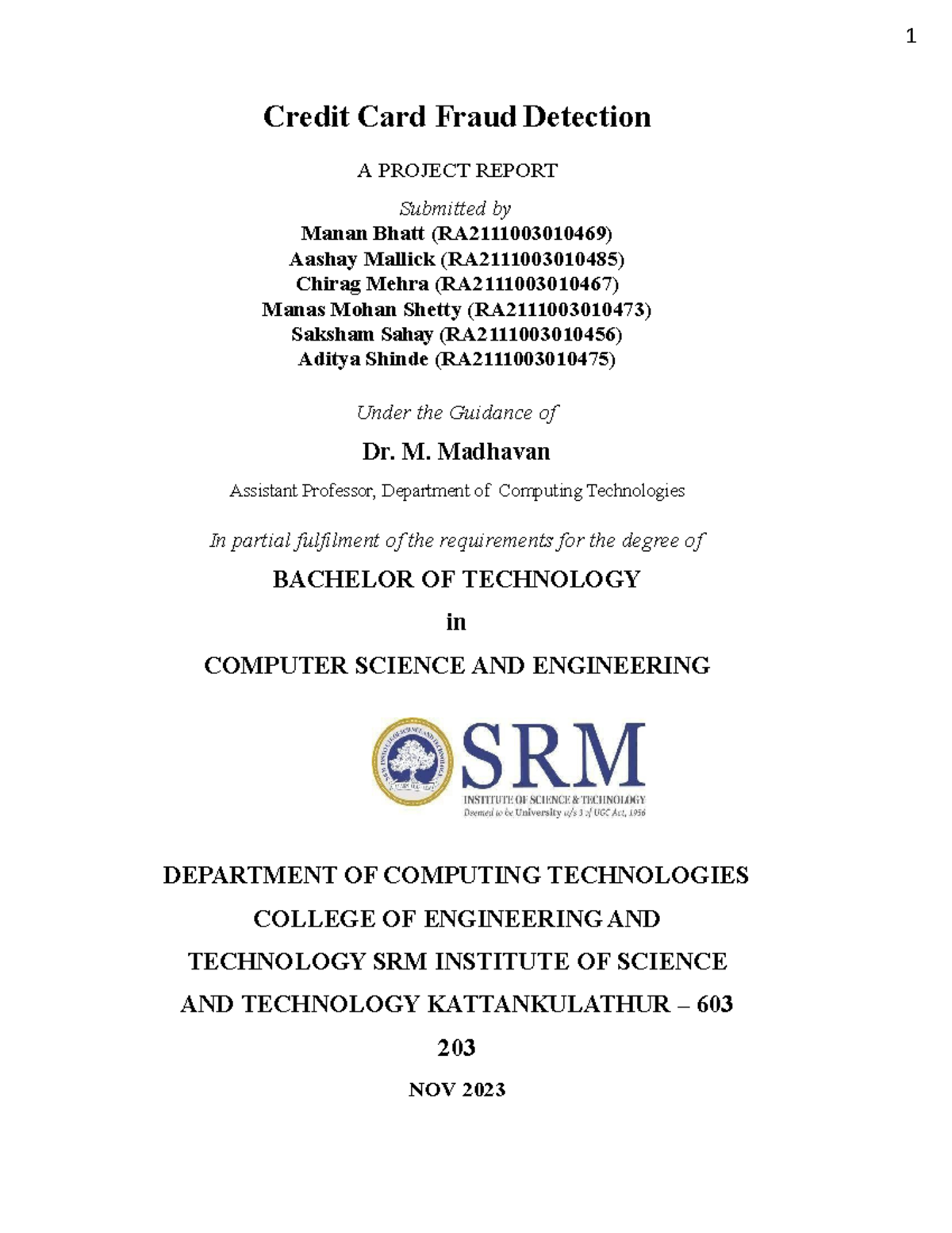 CN Final Project Report - Credit Card Fraud Detection A PROJECT REPORT ...