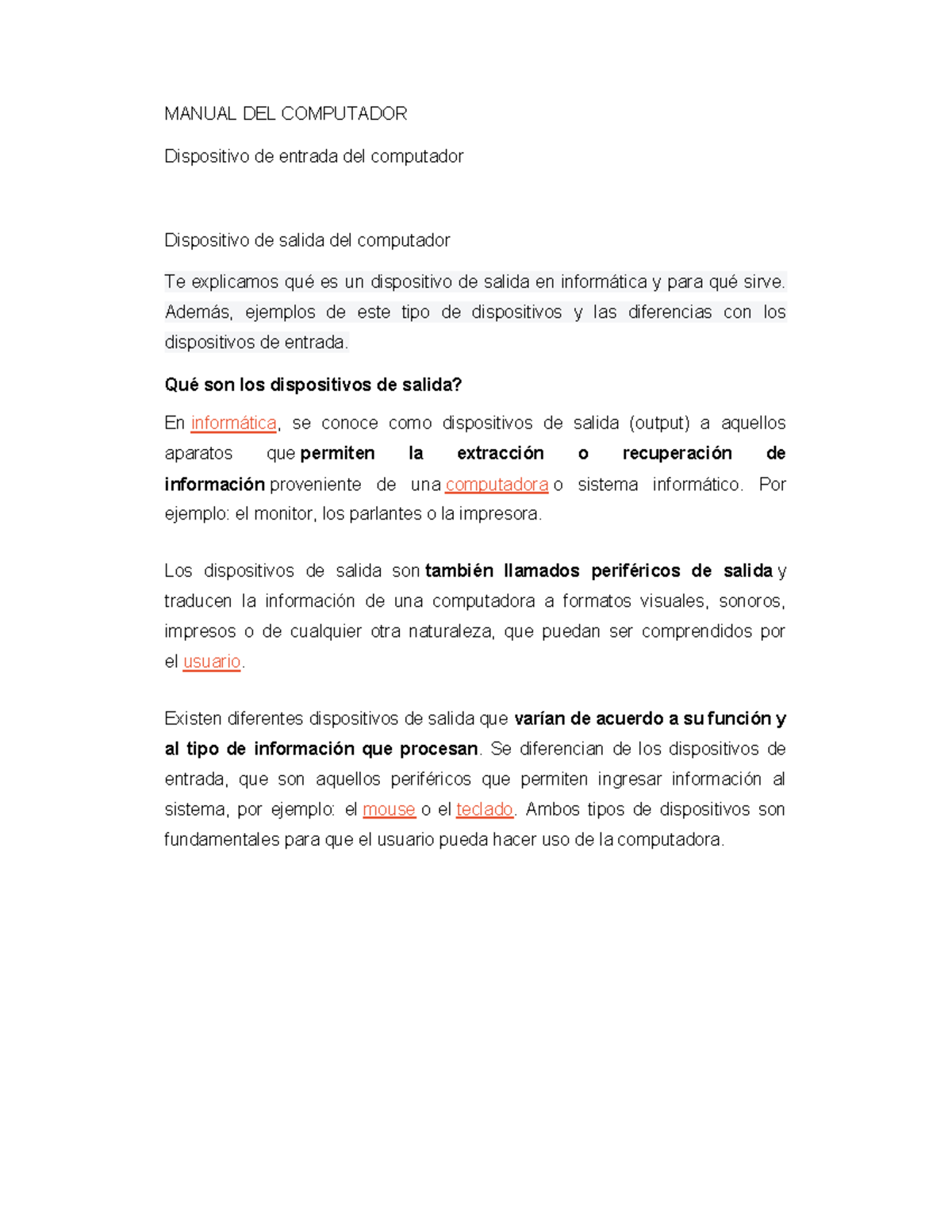 Dispositivo de entrada y salida - MANUAL DEL COMPUTADOR Dispositivo de ...