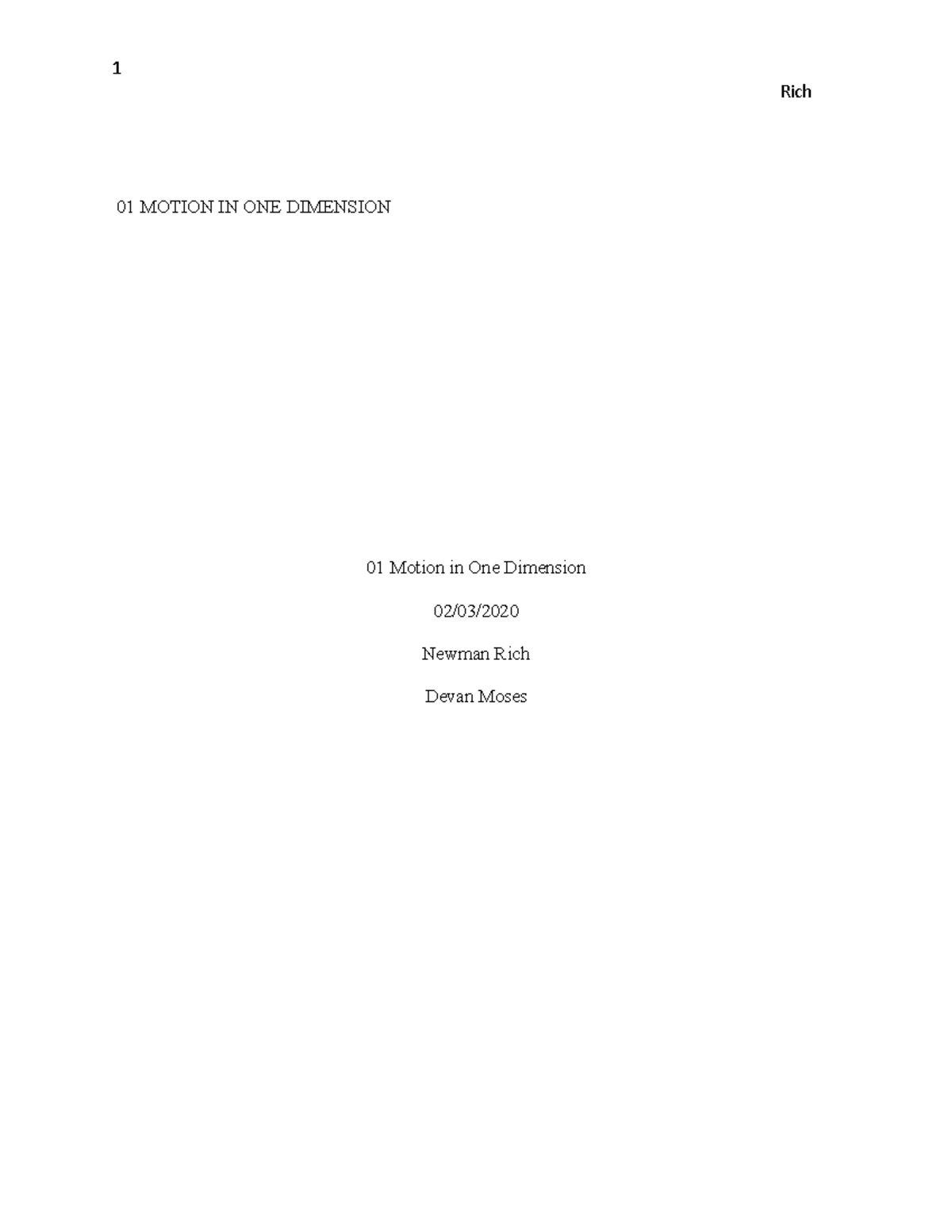 Lab Report 1D - good notes - Rich 01 Motion in One Dimension 02/03 ...
