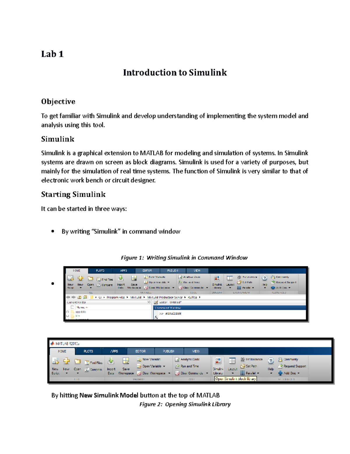 Lab 1: Intro to Simulink (Control Systems) - Lab 1 Introduction to Simulink Objective To get ...