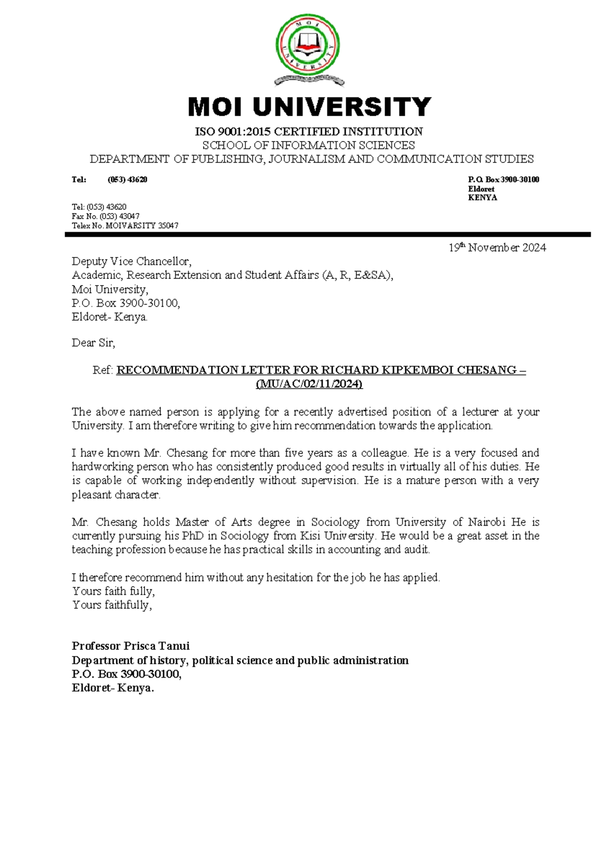 Recommendation Letter 2 - MOI UNIVERSITY ISO 9001:2015 CERTIFIED ...