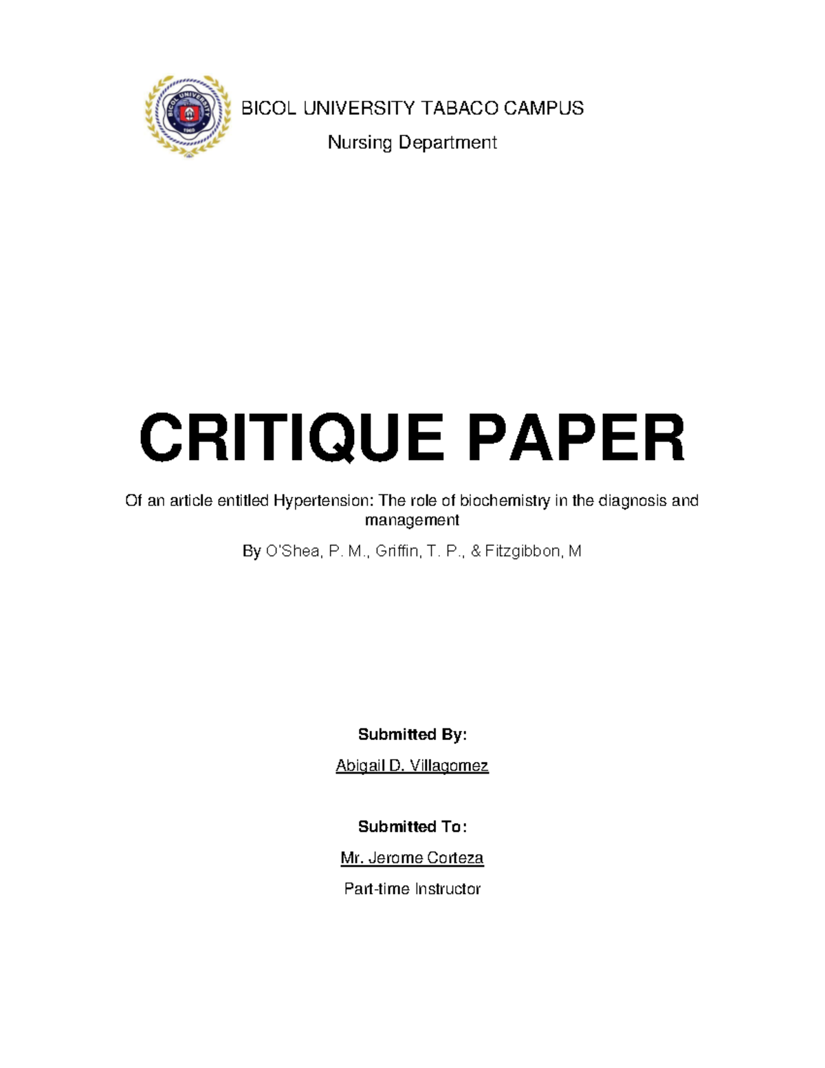A Critique Paper ON Biochemistry Relating TO Medicine - BICOL ...