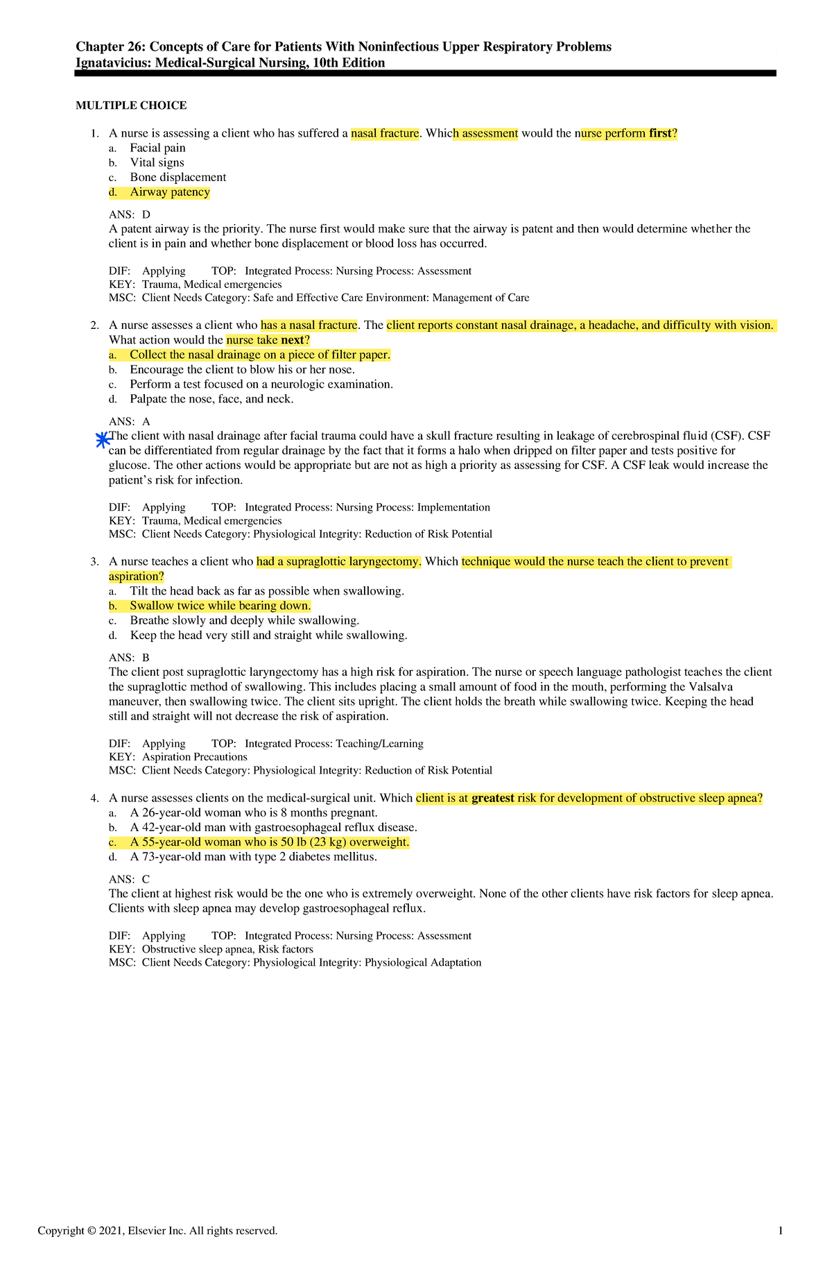 Exam View - Chapter 26 - None - Chapter 26: Concepts of Care for Patients With Noninfectious ...