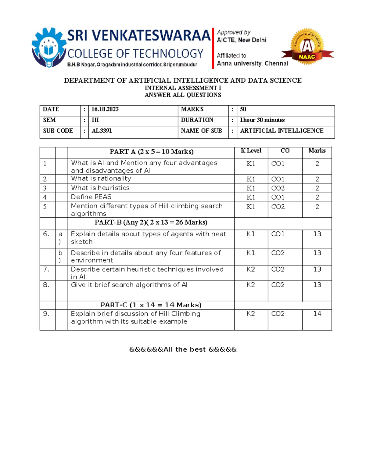 Question Paper Assesment-I (AI) AL3391 - DEPARTMENT OF ARTIFICIAL ...