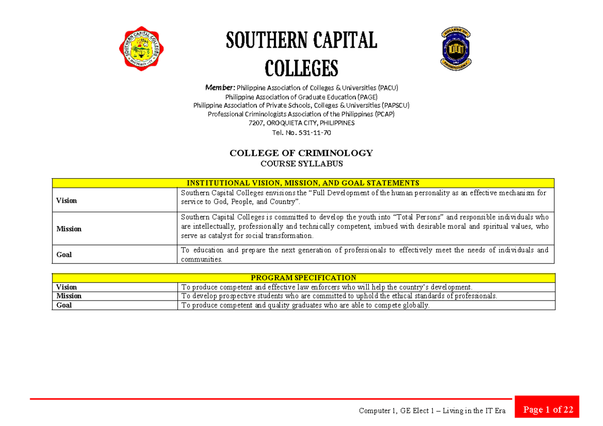 Southern Capital Colleges sylabullssss - Computer 1, GE Elect 1 ...